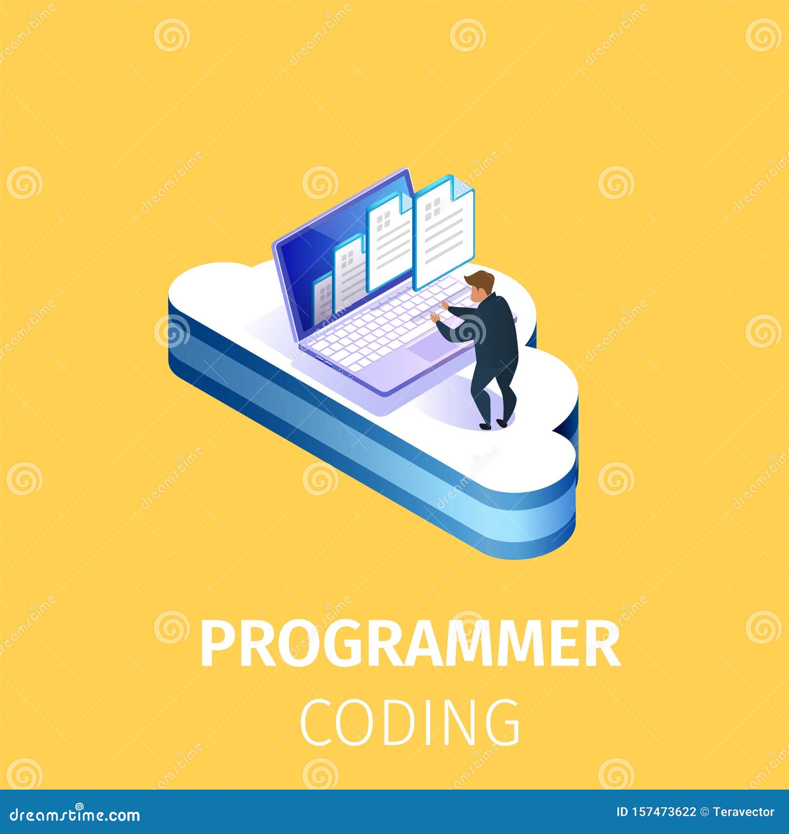 Programmer Writing Code On Computer At Large Cloud Stock Vector