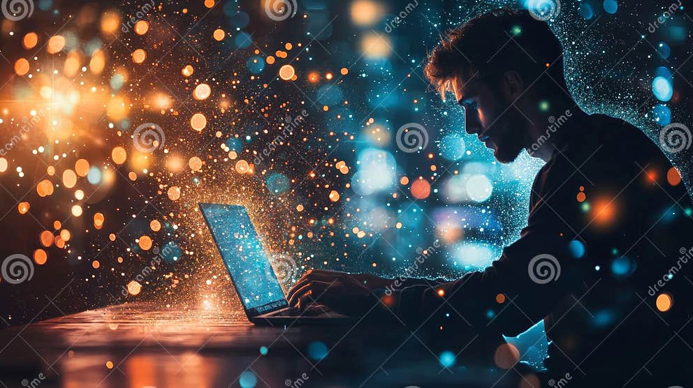 Man Working on a Laptop Surrounded by Glowing Digital Particles Stock ...
