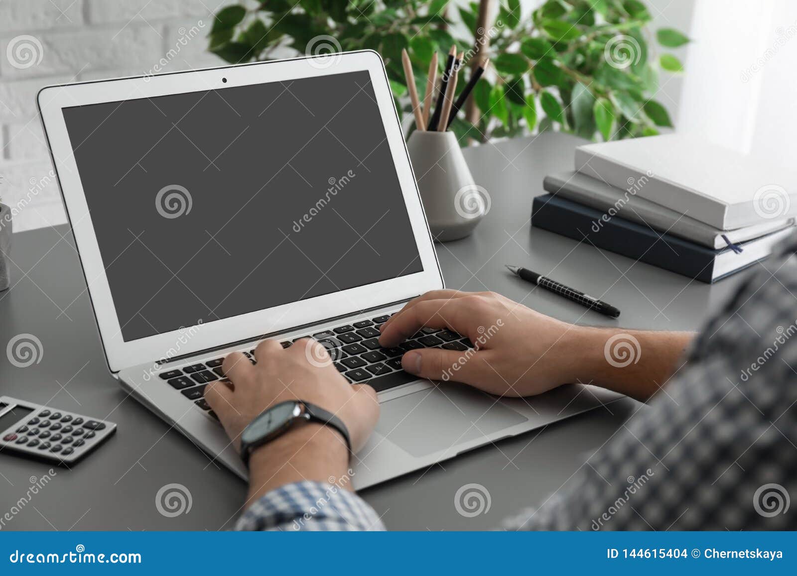 Man Working with Laptop at Table, Closeup. Stock Photo - Image of ...