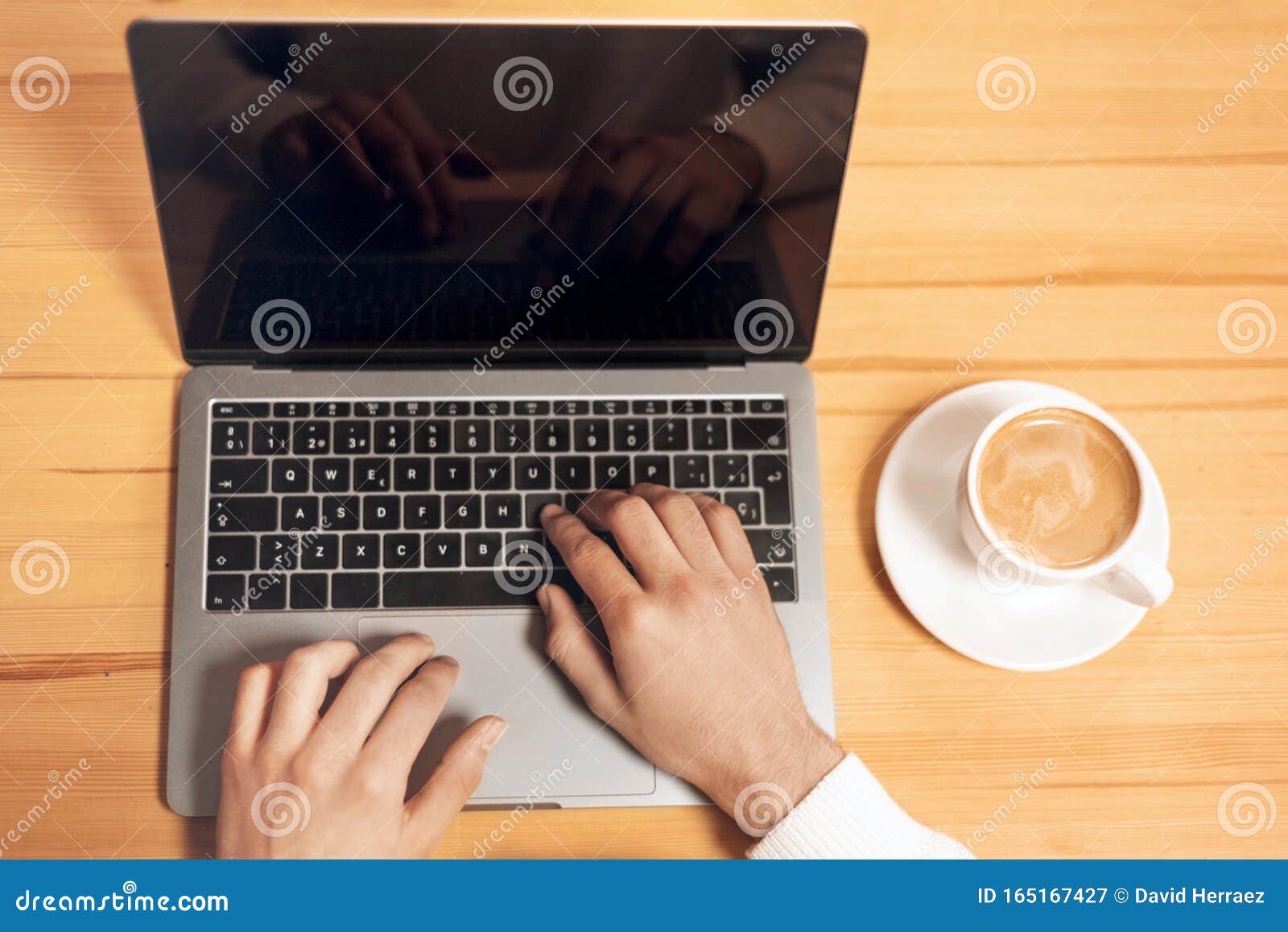 Man Working with Laptop, Top View. Stock Image - Image of office ...