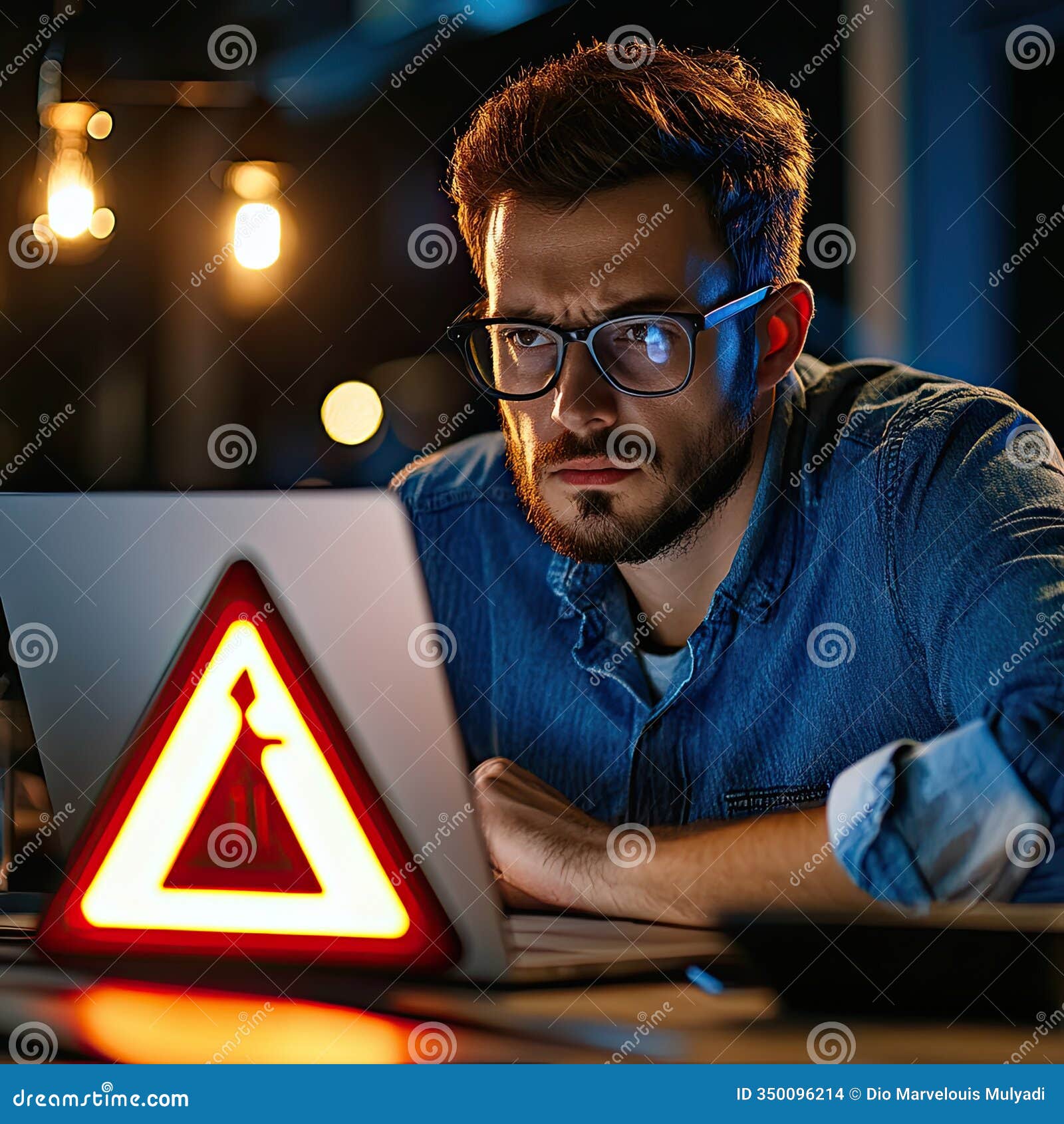 Man Working Late on Laptop, Warning Sign. Cybersecurity, Problem, Alert ...