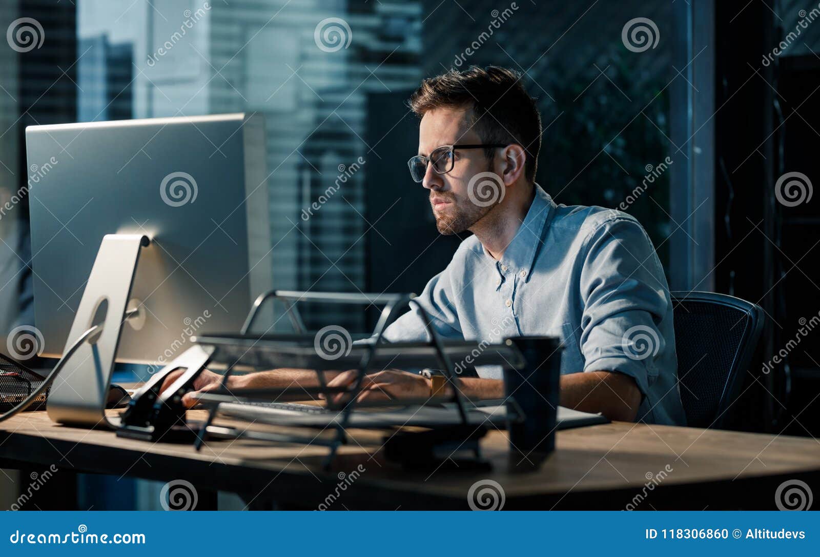 Man Working Late at Night in Office Stock Photo - Image of executive ...