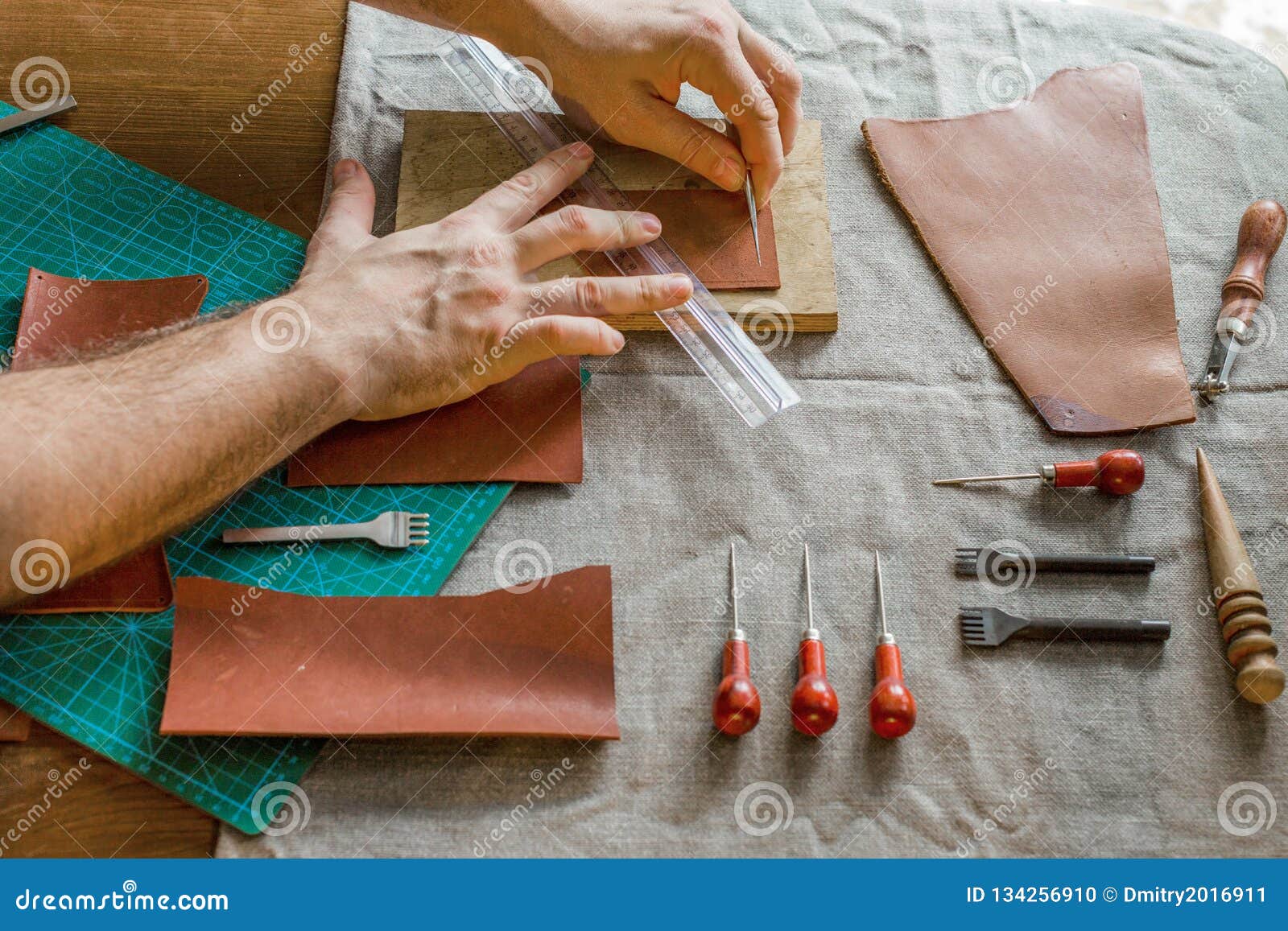 Man Working with Leather Using Crafting DIY Tools Stock Photo - Image ...