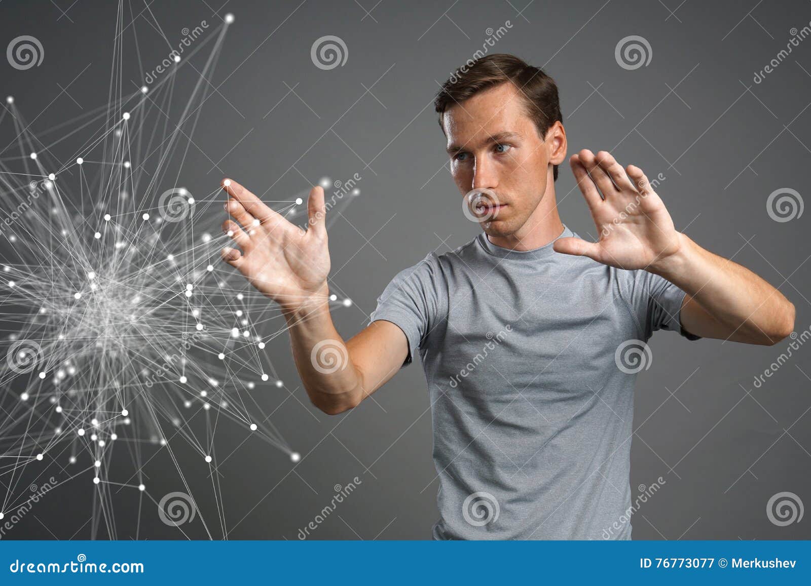 Man Working with Linked Dots. Wireless Connection Concept. Stock Image ...