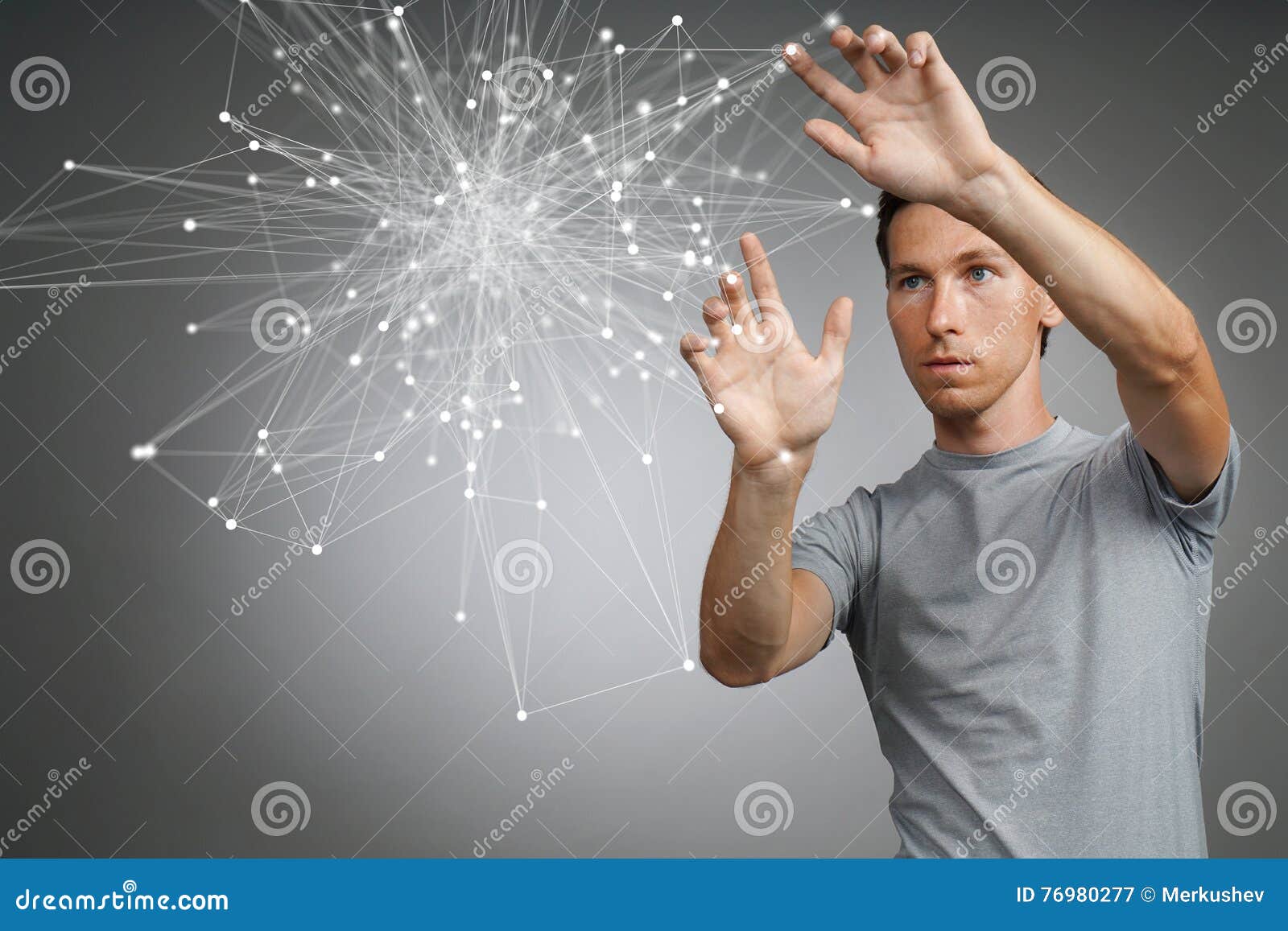 Man Working with Linked Dots. Wireless Connection Concept. Stock Image ...