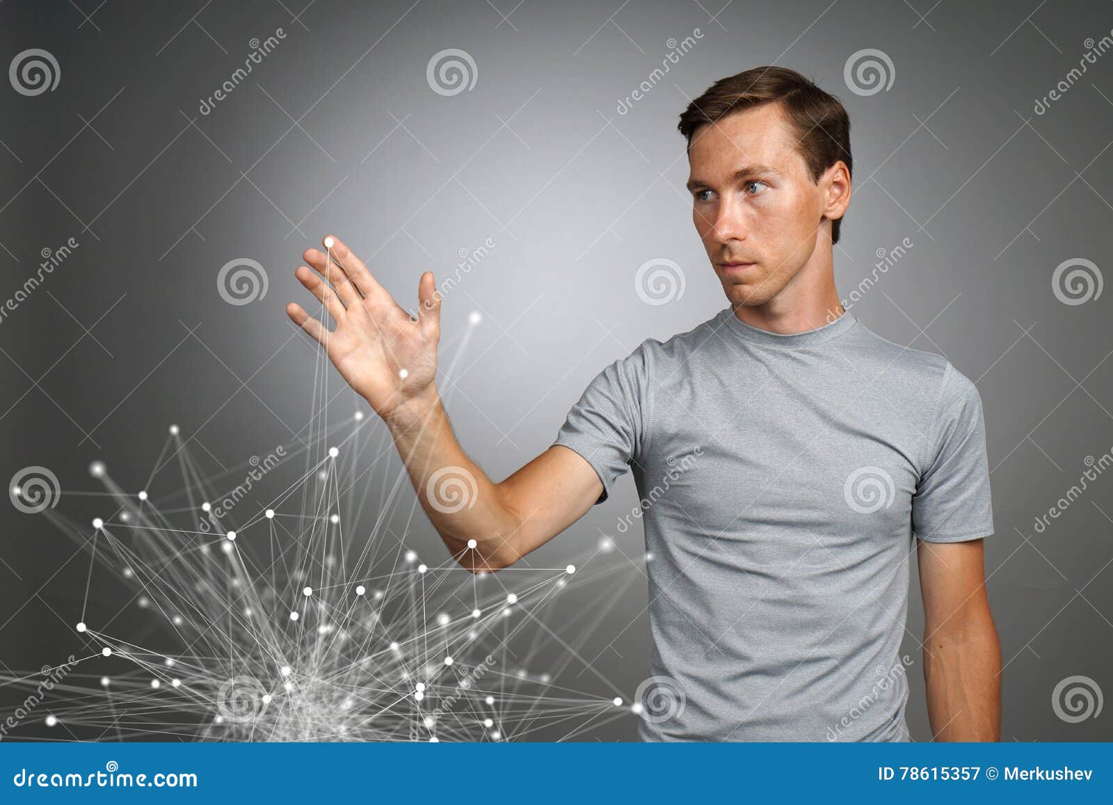 Man Working with Linked Dots. Wireless Connection Concept. Stock Image ...
