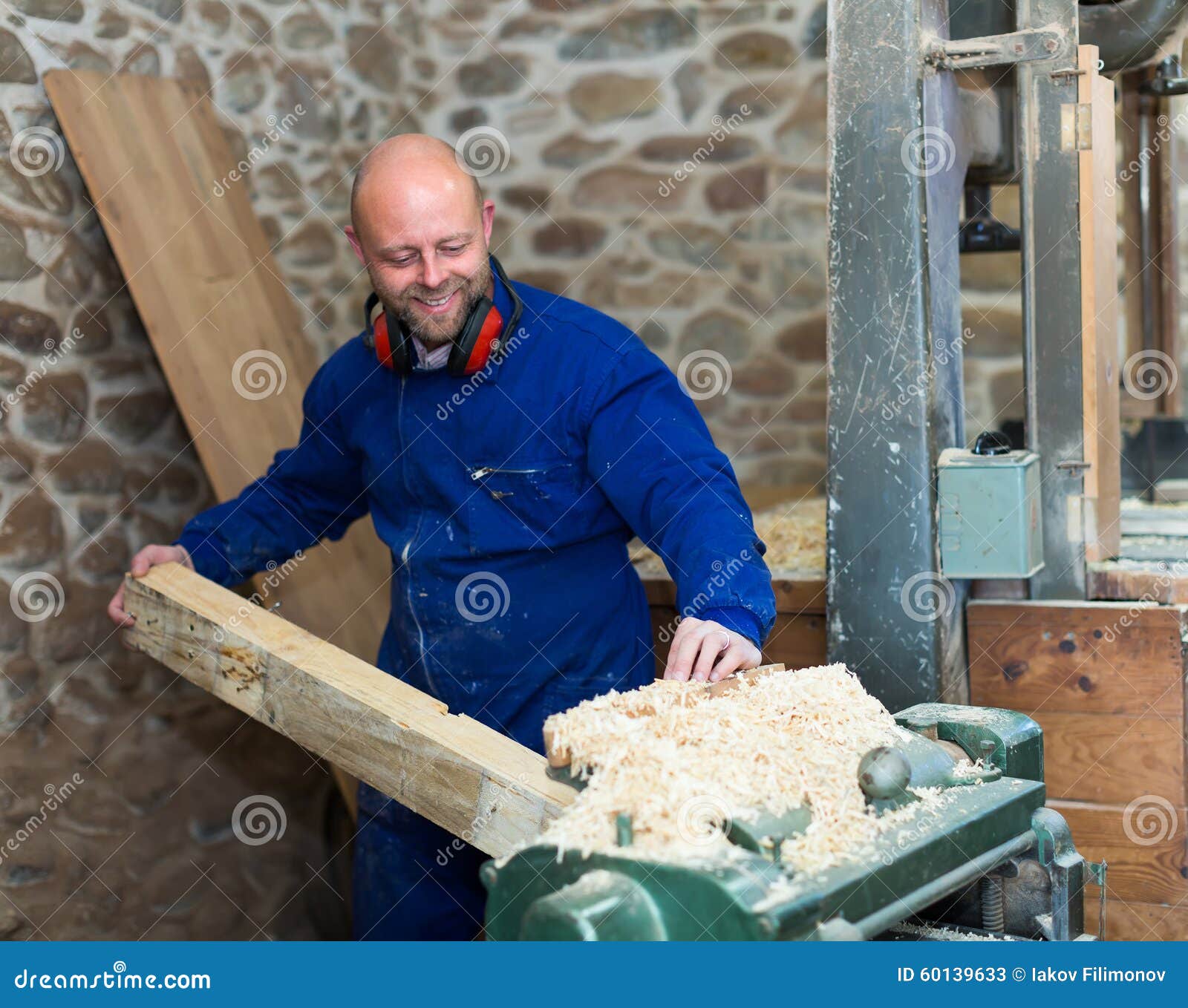 Man Working on a Machine at Wood Workshop Stock Image - Image of ...