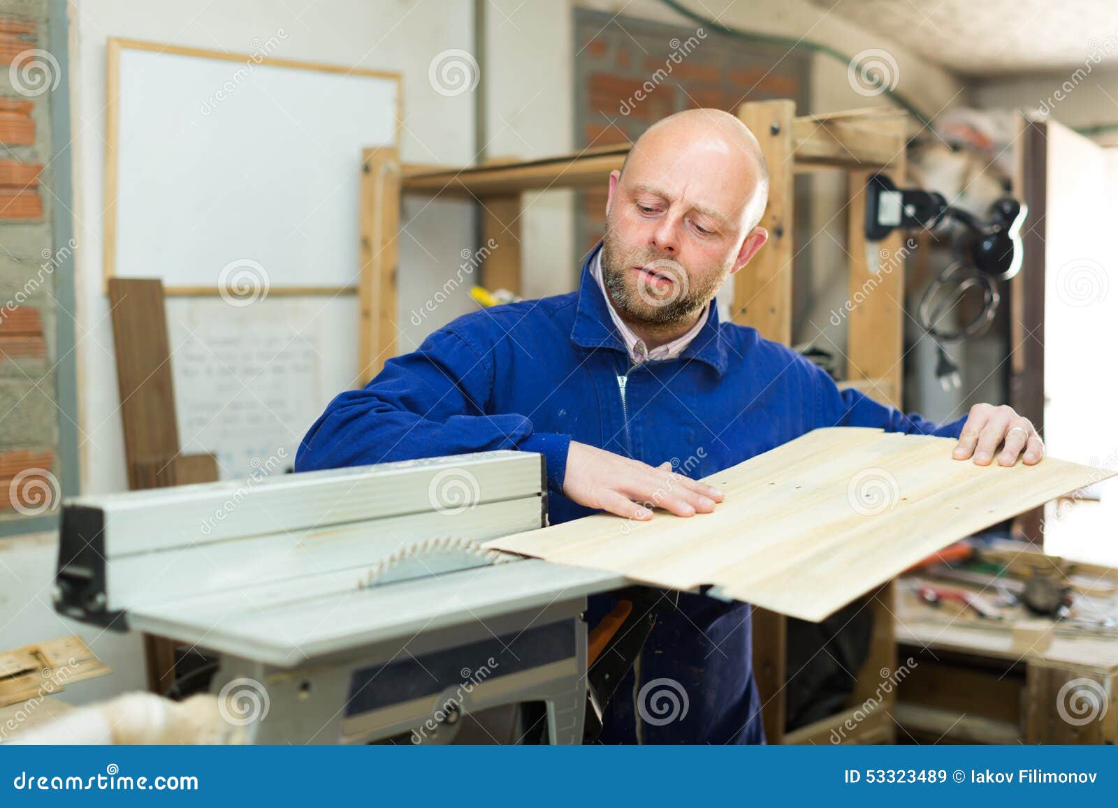 Man Working on a Machine at Wood Workshop Stock Image - Image of ...