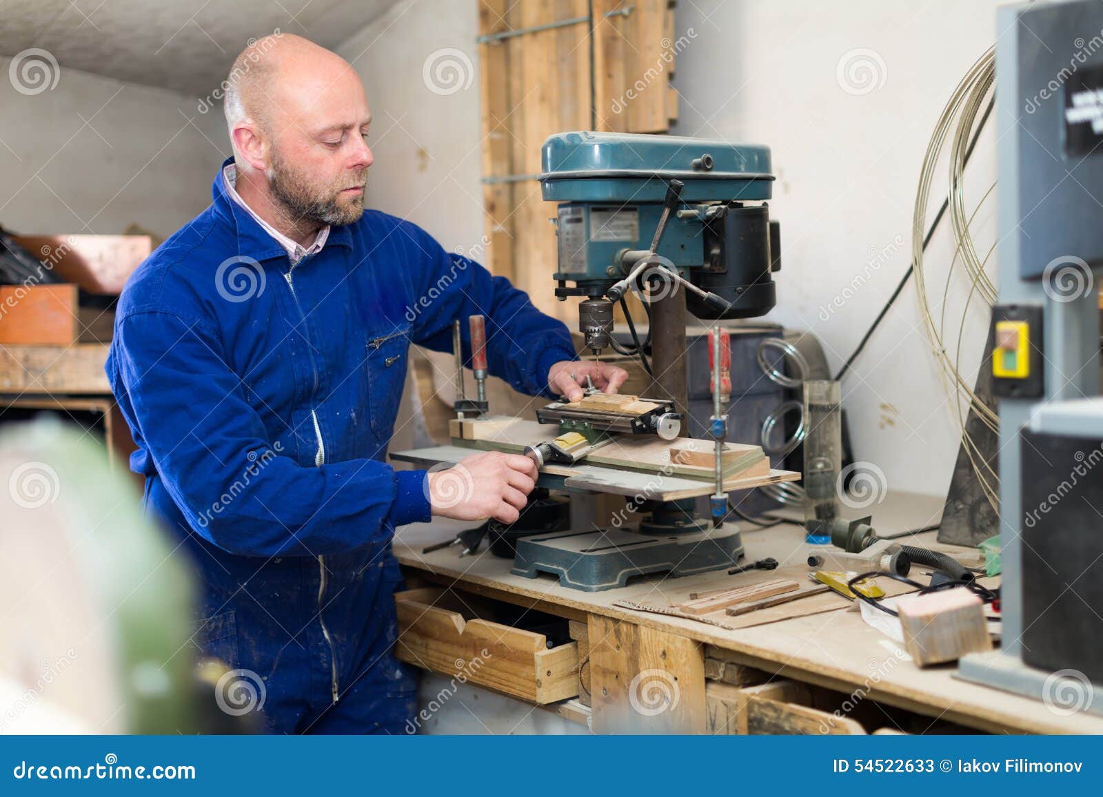 Man Working on a Machine at Wood Workshop Stock Image - Image of ...