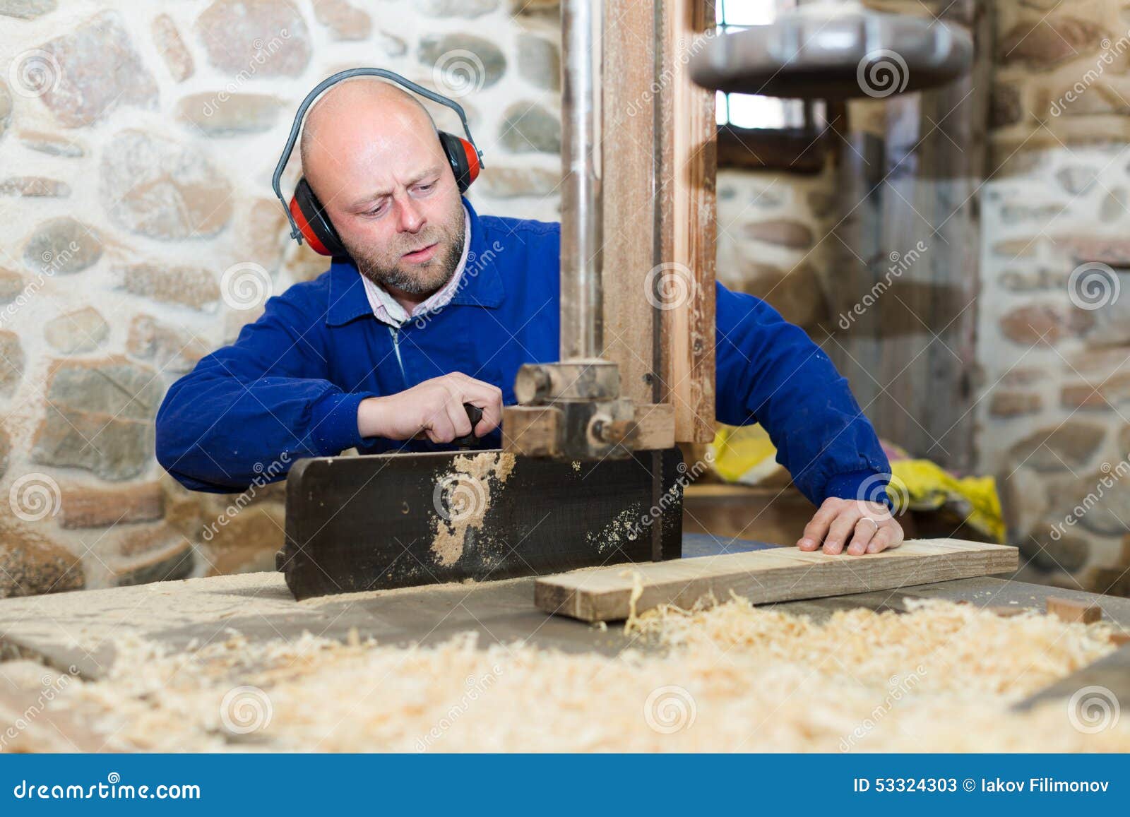 Man Working on a Machine at Wood Workshop Stock Image - Image of ...