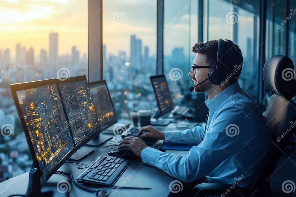 Man Working in a Modern High Rise Office with Multiple Computer Screens ...