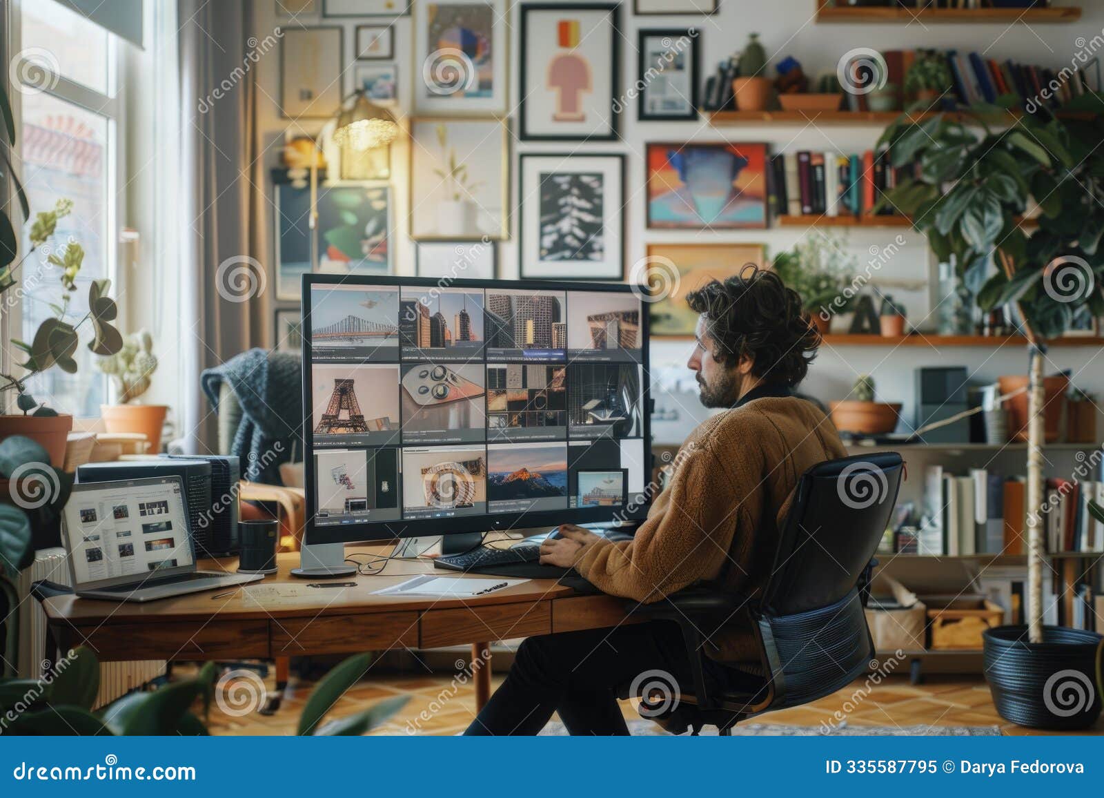 Man Working on Multi-Monitor Setup in Creative Home Office with Wall ...