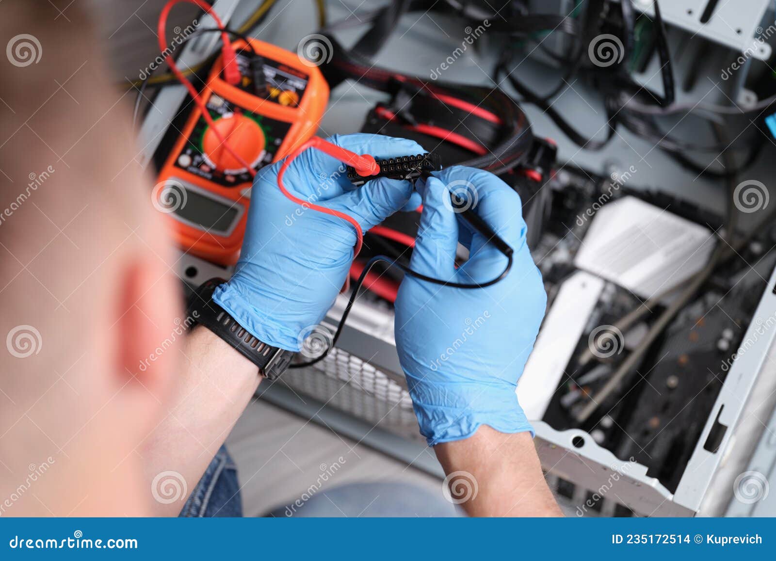 Man Working with Multimeter for Computer Repair Stock Photo - Image of ...