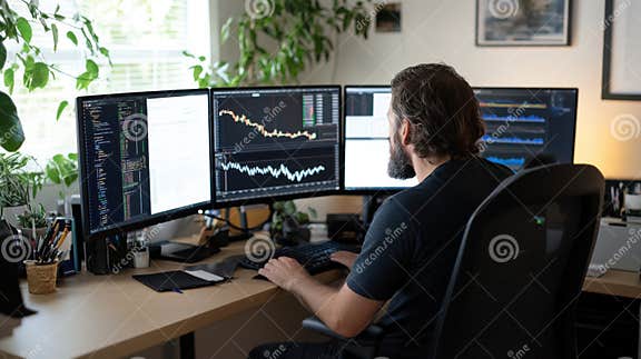 Man Working on Multiple Monitors Analyzing Financial Charts and Coding ...