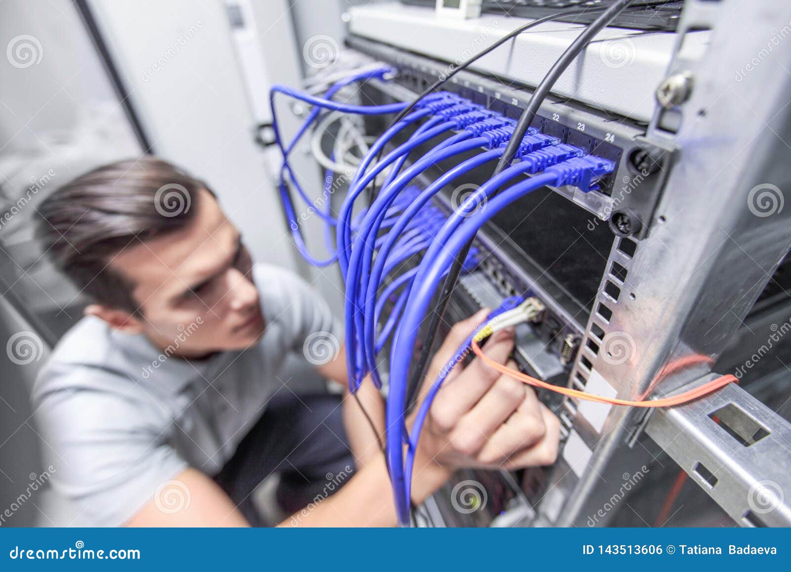 Man Working in Network Server Room Stock Photo - Image of communication ...