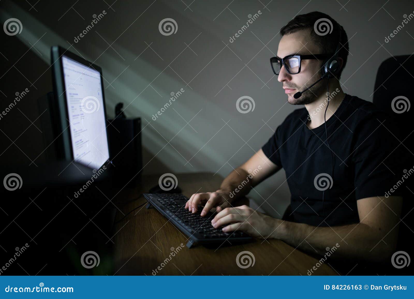 Man Working in the Night on PC Stock Image - Image of electronic ...