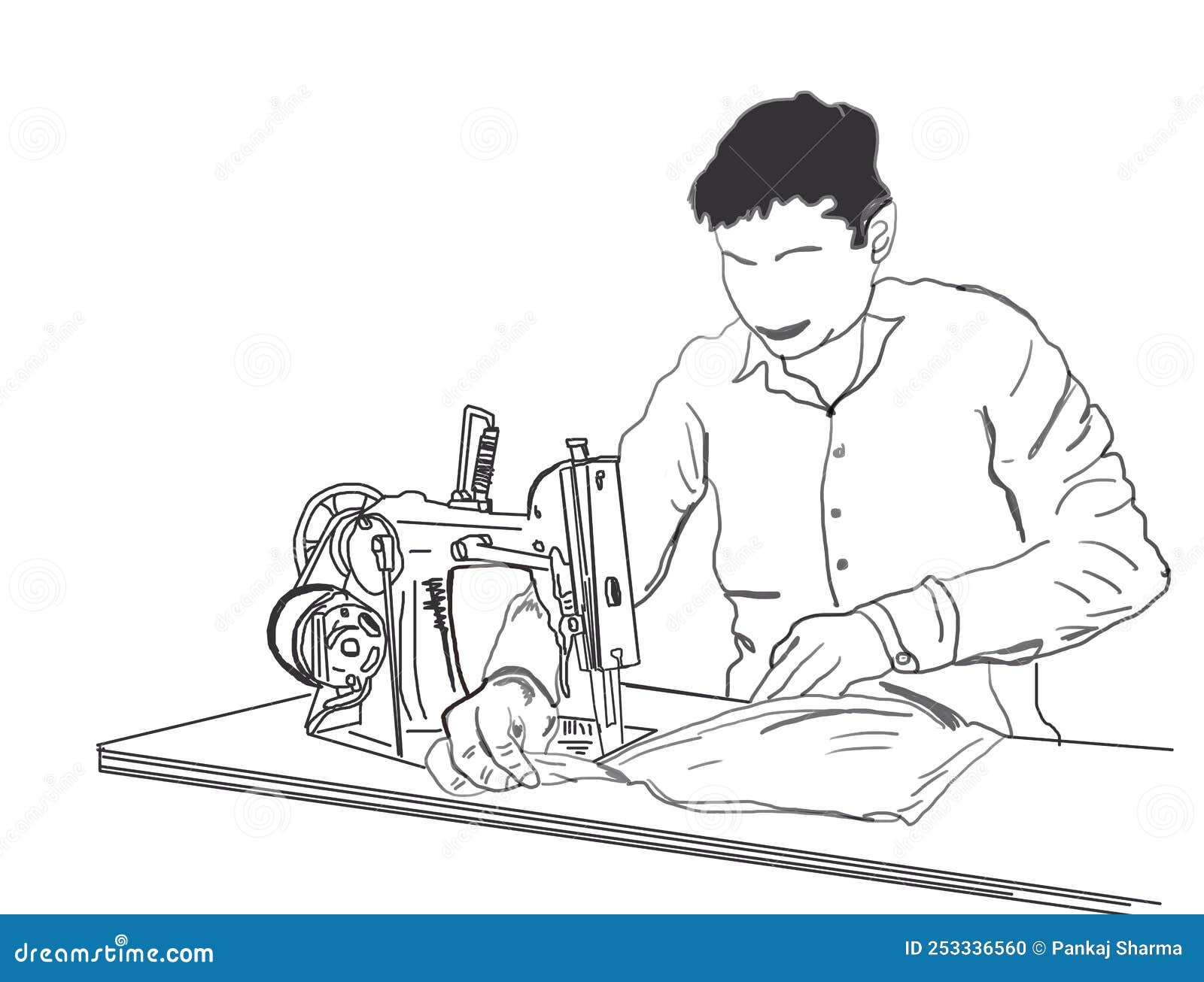 Man Working On Old Retro Sewing Machine Vector Image Sketch Drawing Of