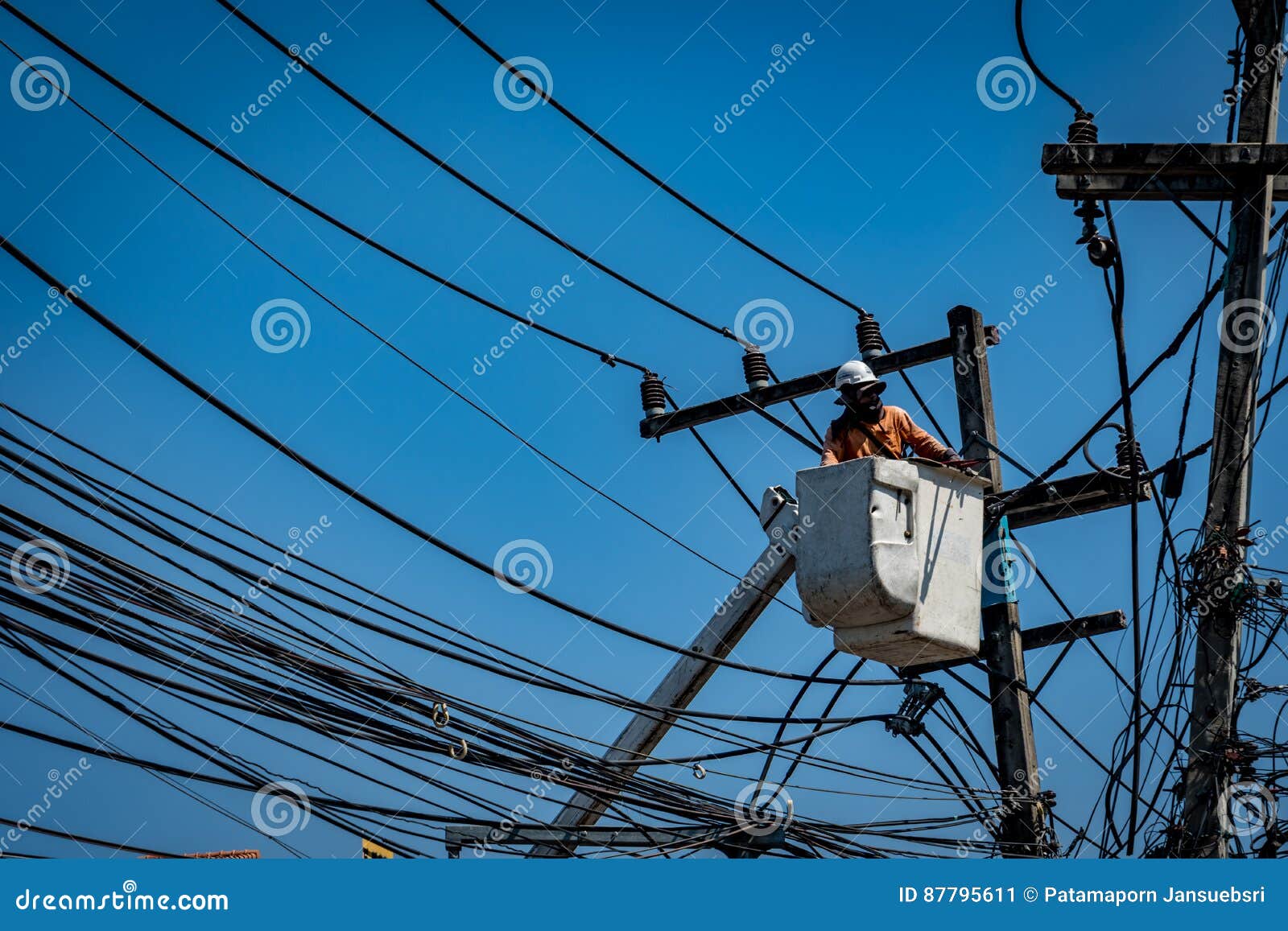 Man Working with Power Line Pole Editorial Photo - Image of maintenance ...