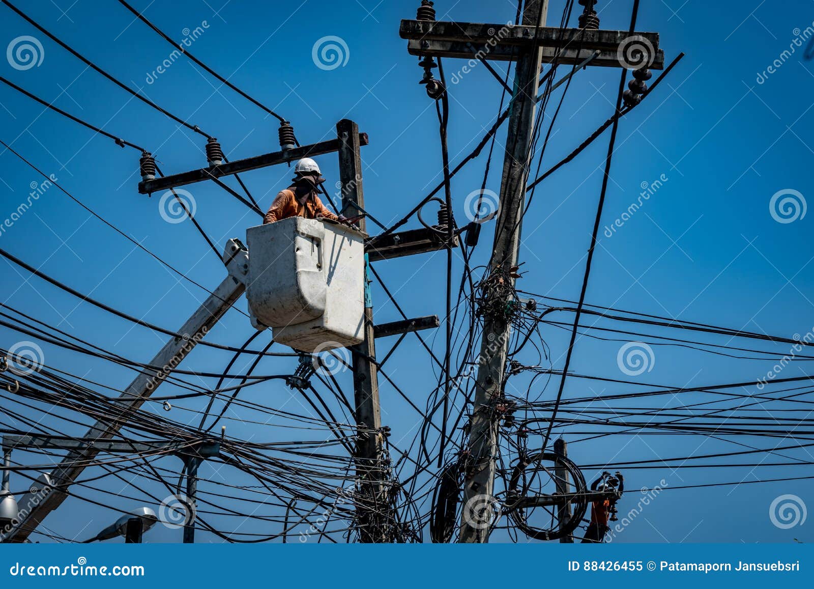 Man Working with Power Line Pole Editorial Image - Image of power ...