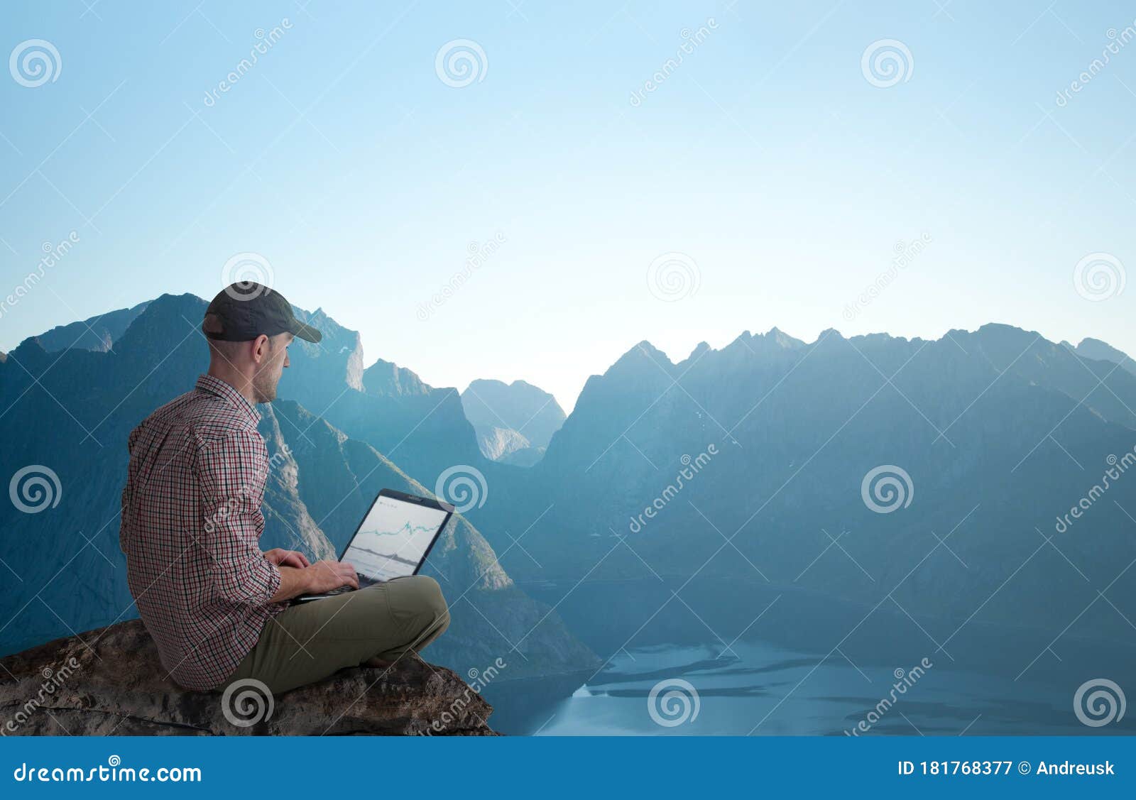 Man Working Remotely Outdoors with Laptop Stock Image - Image of person ...