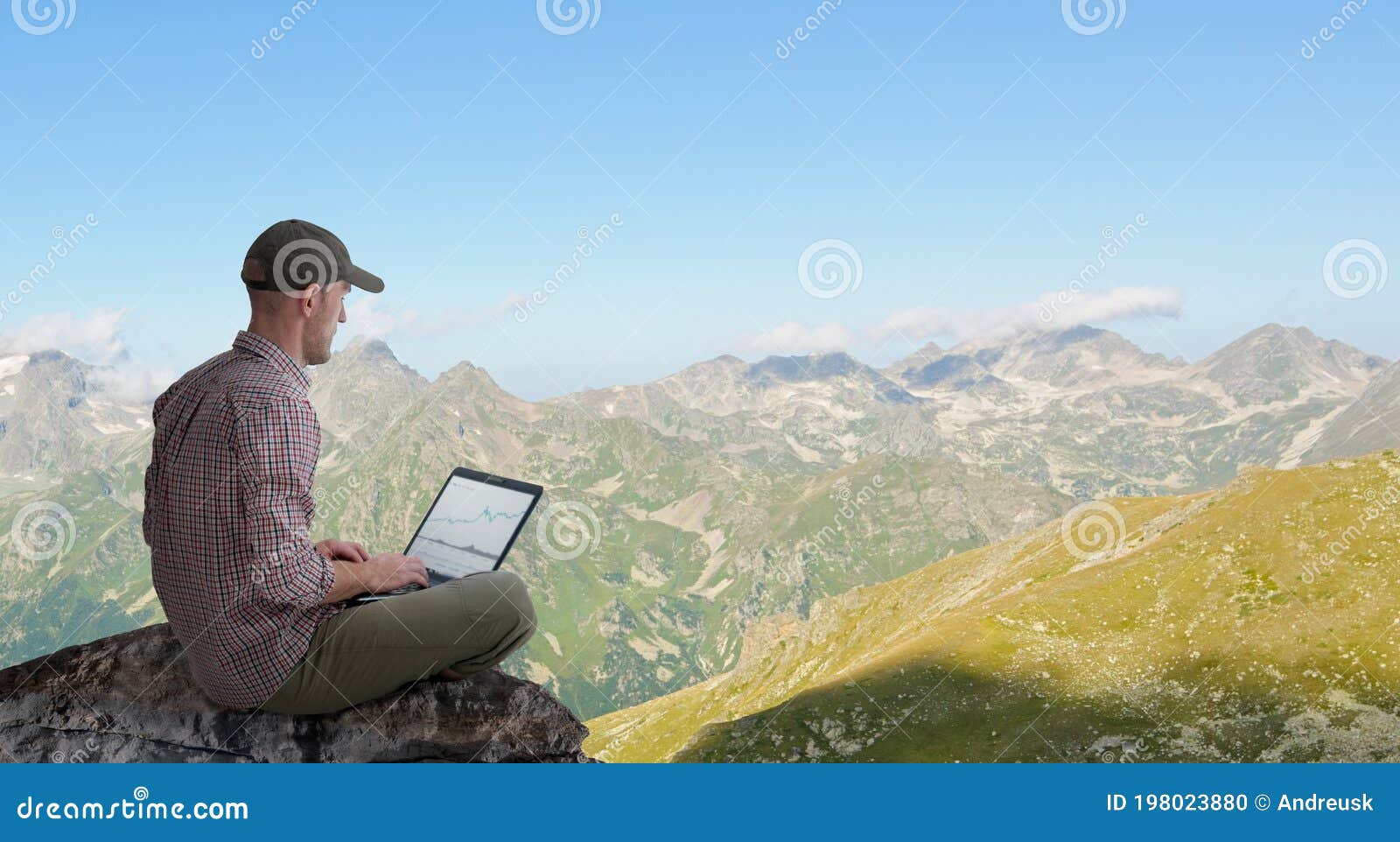 Man Working Remotely Outdoors with Laptop Stock Photo - Image of person ...
