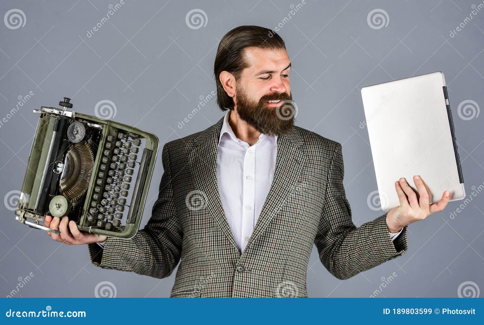 Man Working on Retro Typewriter in Library. Mechanical Vs Digital ...