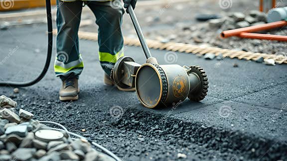 A Man is Working on a Road, Using a Tool To Fix a Pothole Stock ...