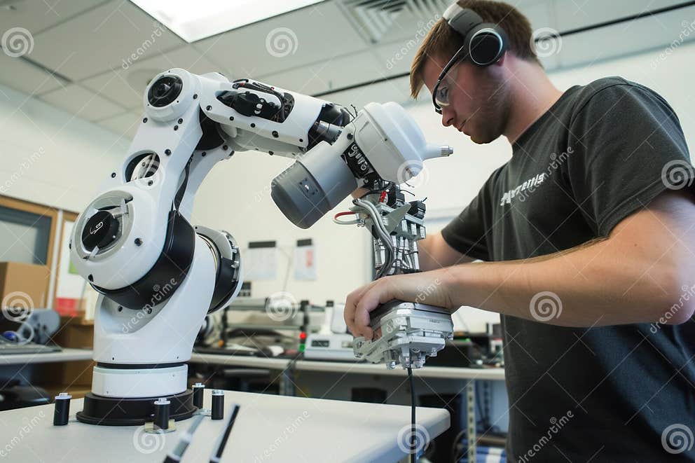 A Man is Working on a Robotic Arm in a Lab Stock Illustration ...