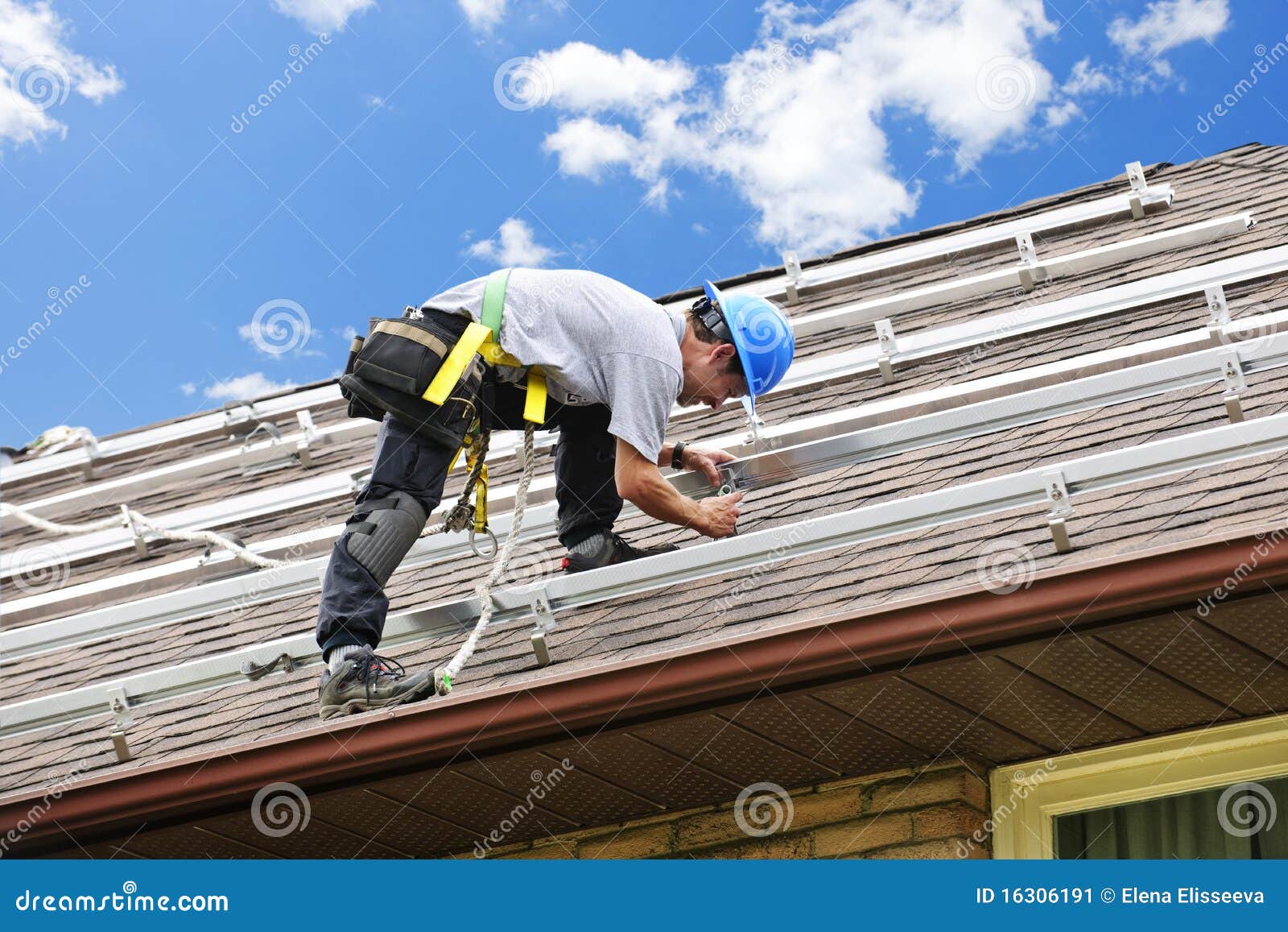 Man Working on Roof Installing Solar Panels Stock Image - Image of home ...