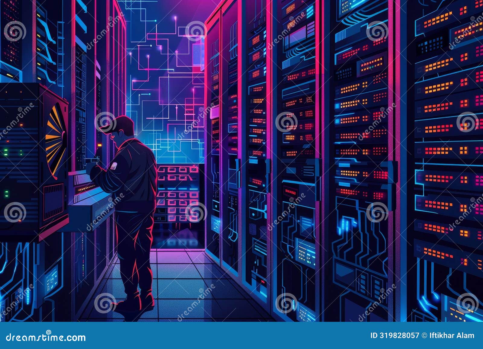 Man Working in a Server Room, Design a Visually Striking Artwork that ...