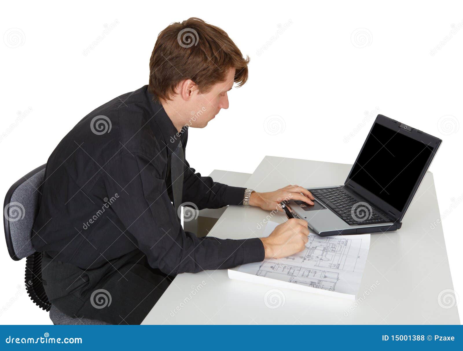 Man is Working while Sitting at Desk Stock Photo - Image of shirt ...