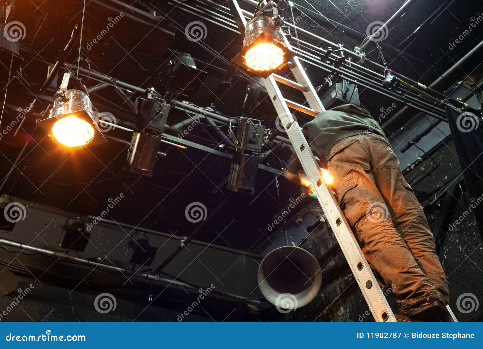 Man Working on Stage Lighting Stock Image - Image of lighting, stage ...