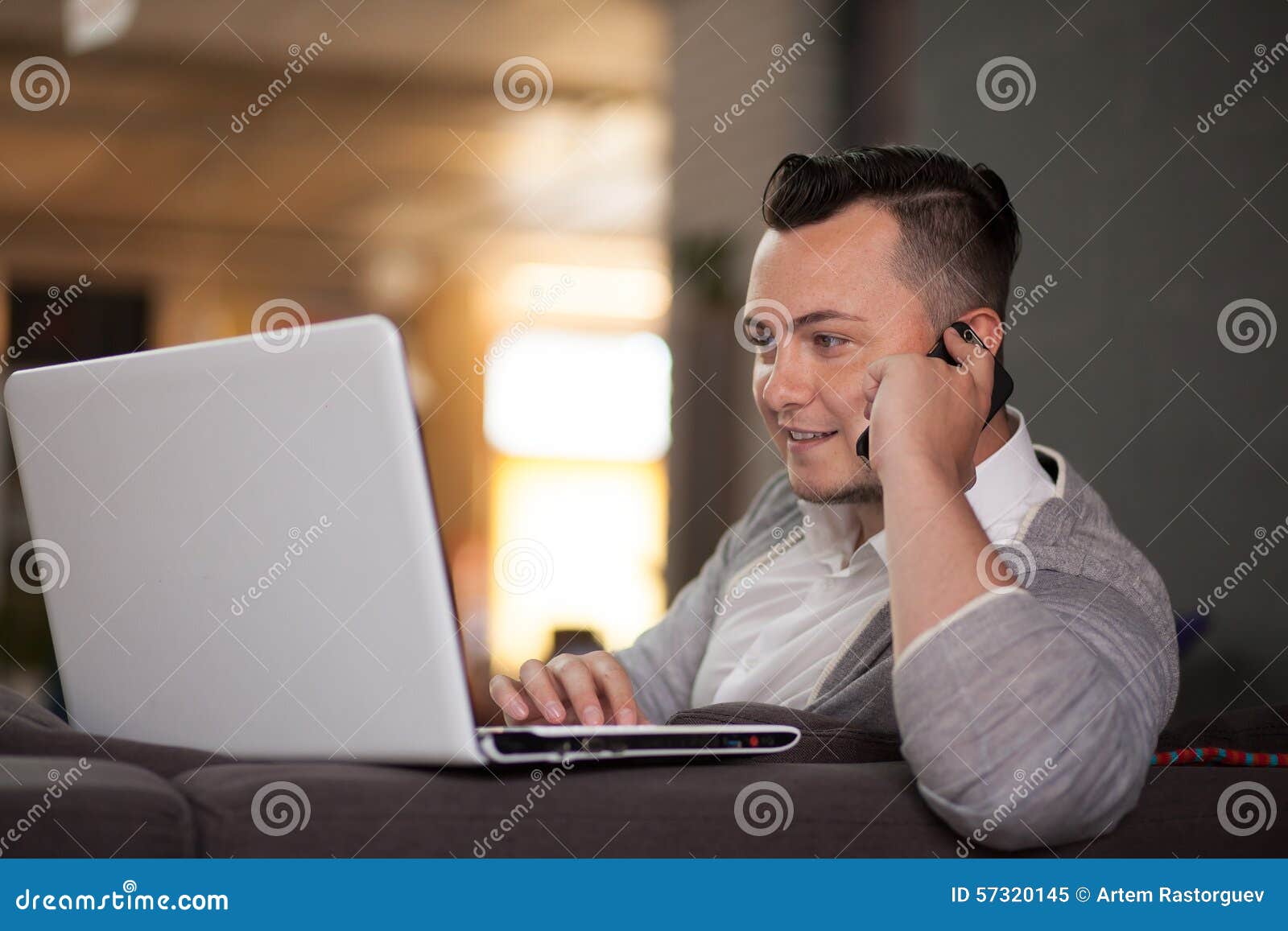 Man Working in Startup Office Stock Image - Image of smartphone ...