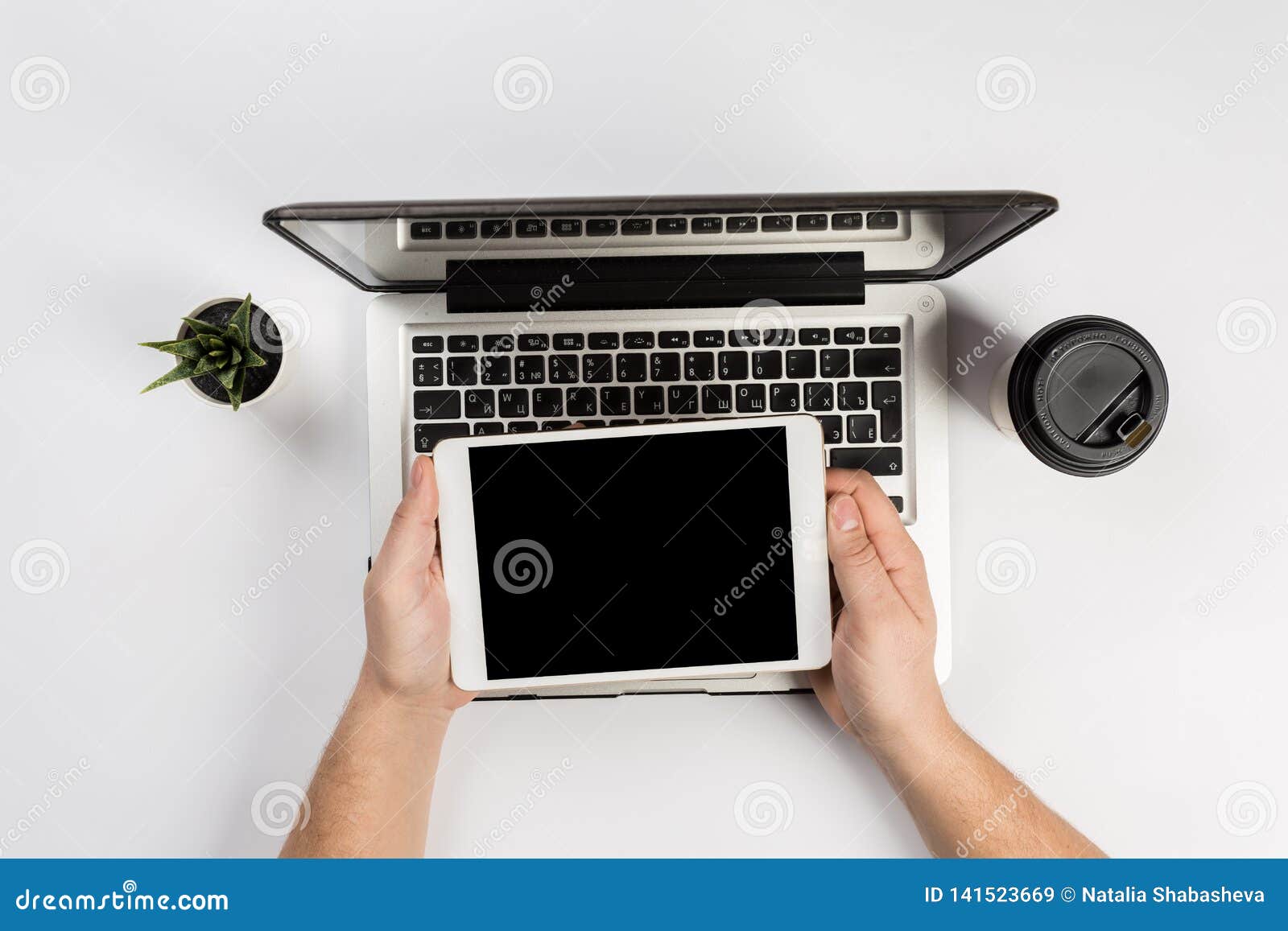 Man Working with Tablet, Top View Stock Image - Image of digital, hold ...