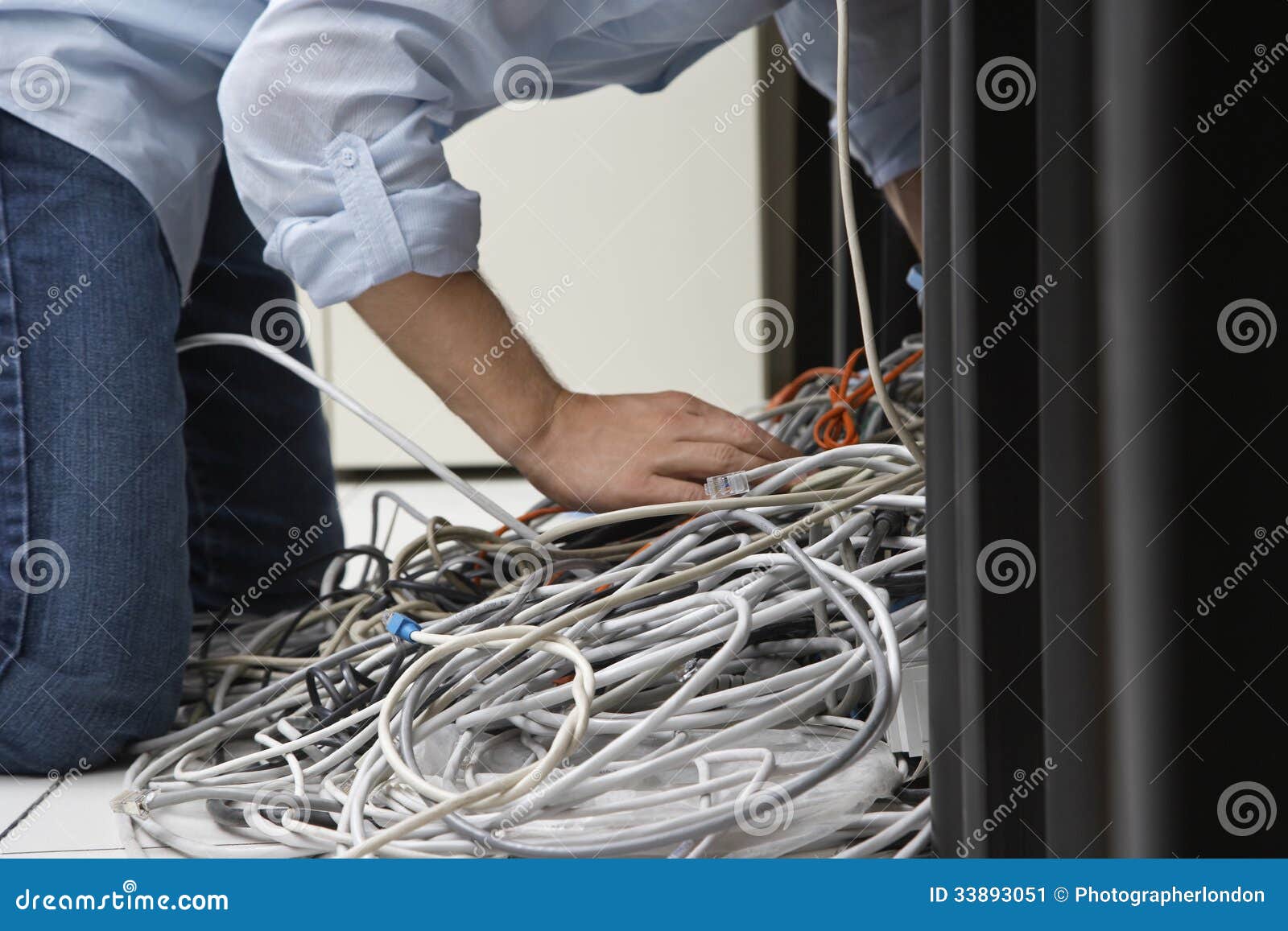 Man Working on Tangled Computer Wires Stock Image - Image of connection ...