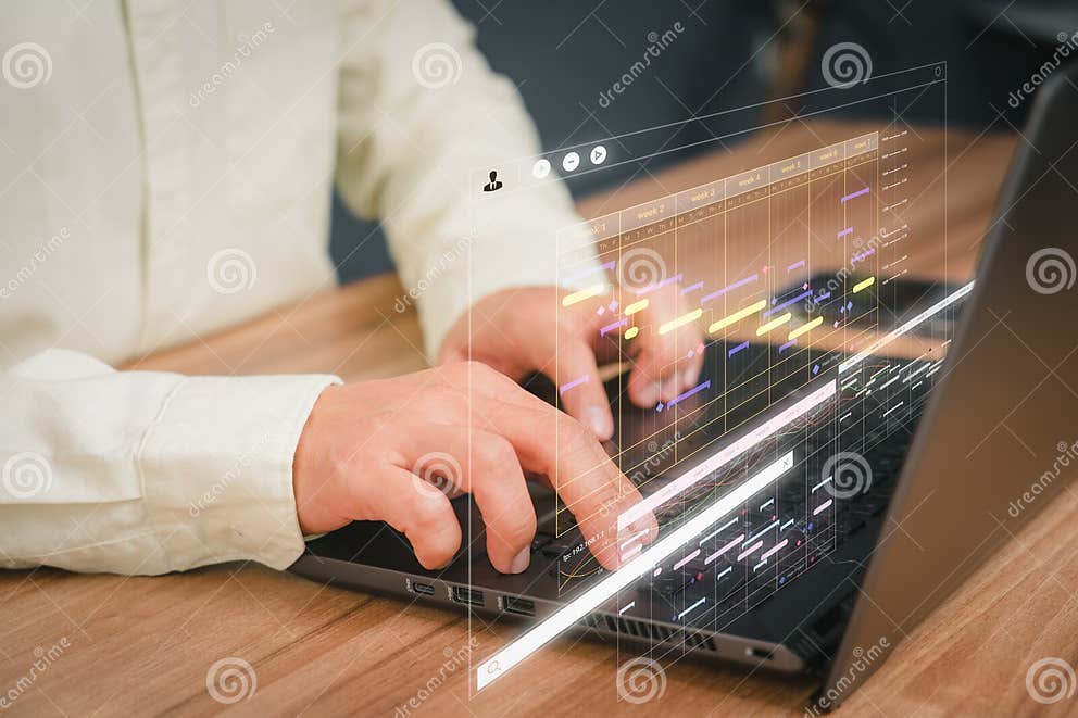 Man Working with Technology Computer in Business Analytics and Data Management System To Make ...