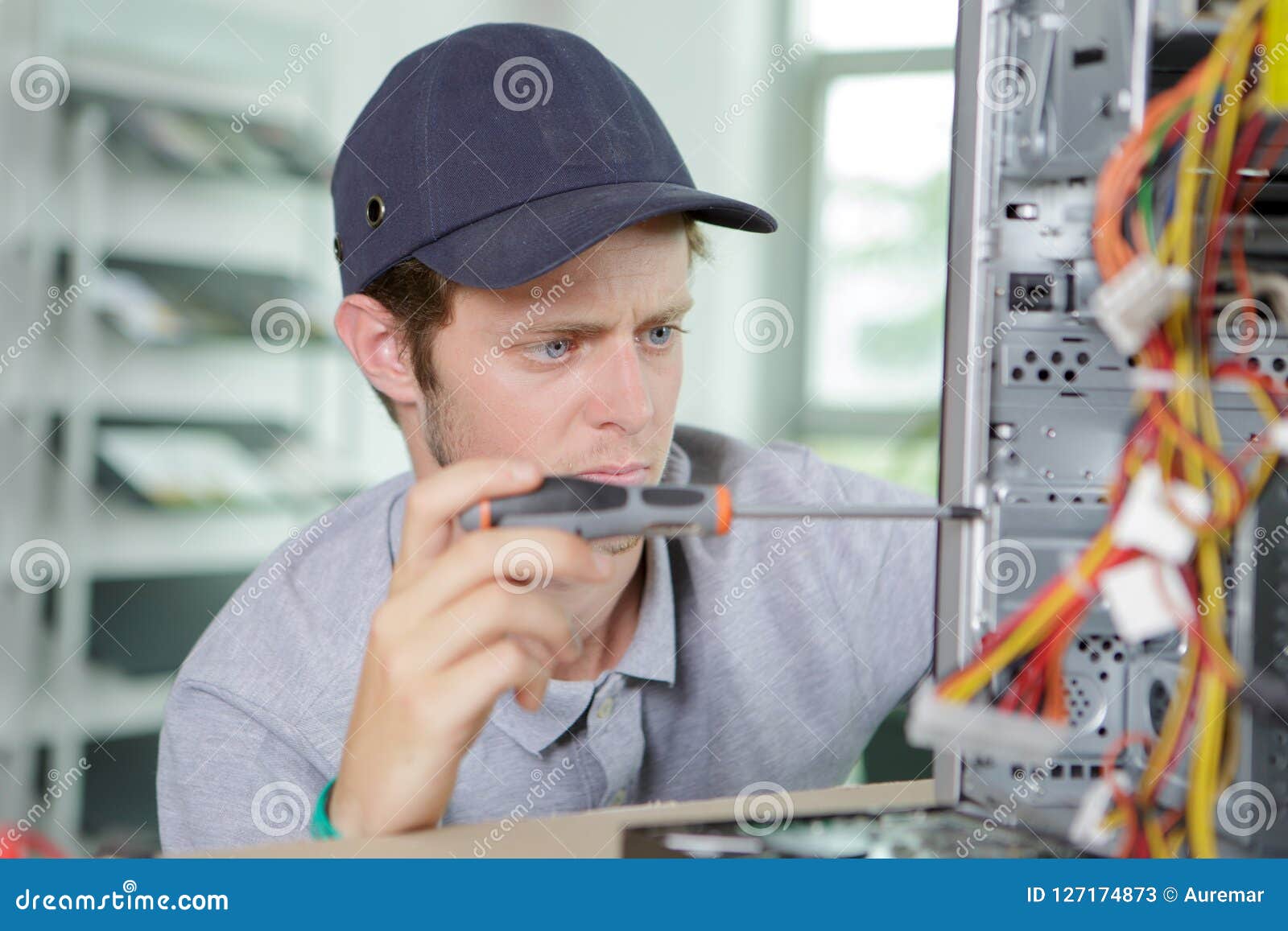 Man Working on Tower Computer Stock Image - Image of computer ...