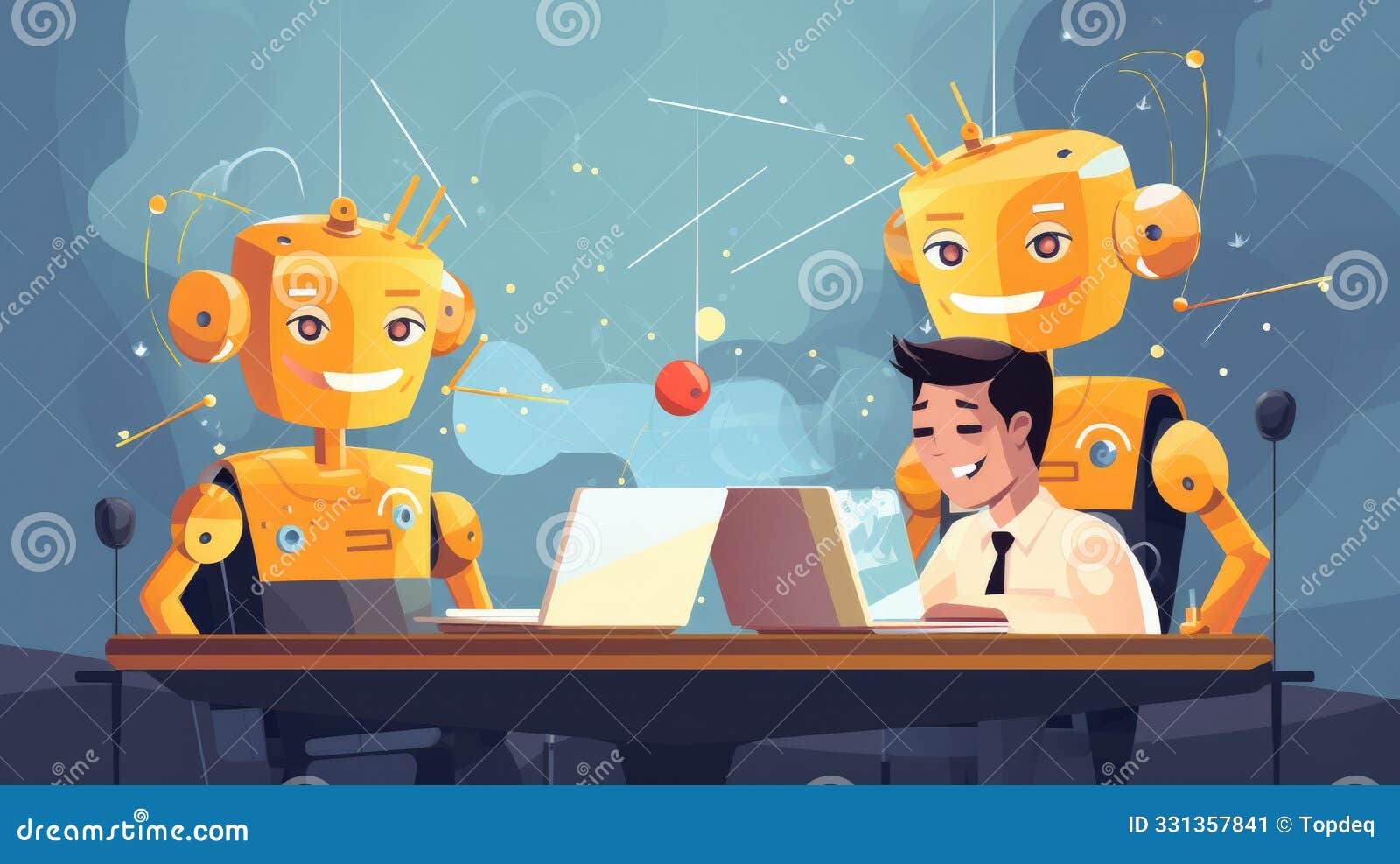 Man Working with Two Yellow Robots at Desk with Laptops in Office Stock ...