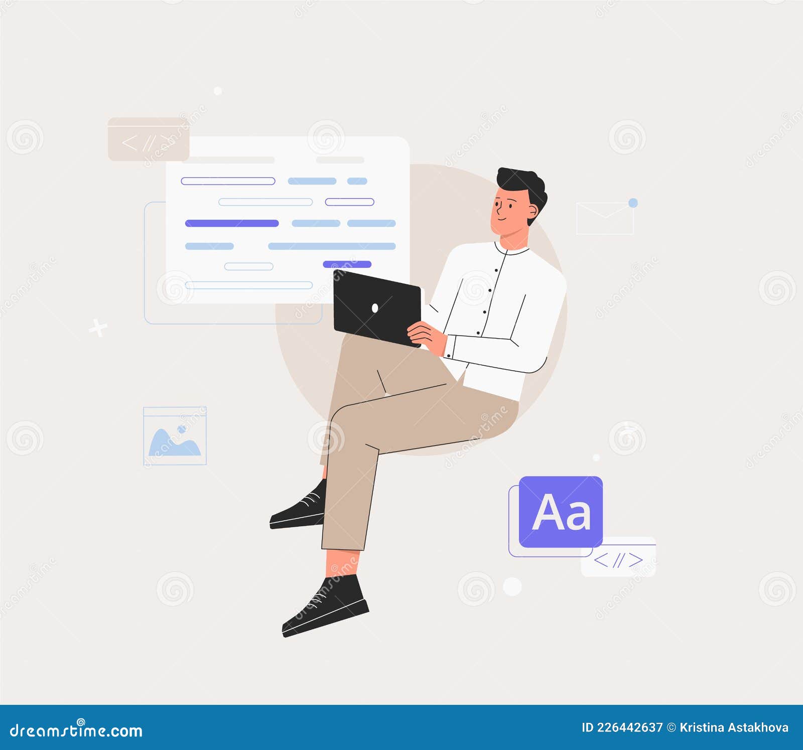 Man Is Working On Ui Ux Design Project Programmer Sit On Infographic And Work On Laptop Stock