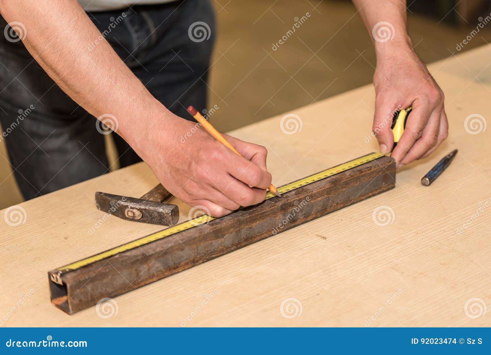 Man Working and Use a Pencil and Tape Measure Stock Photo - Image of ...