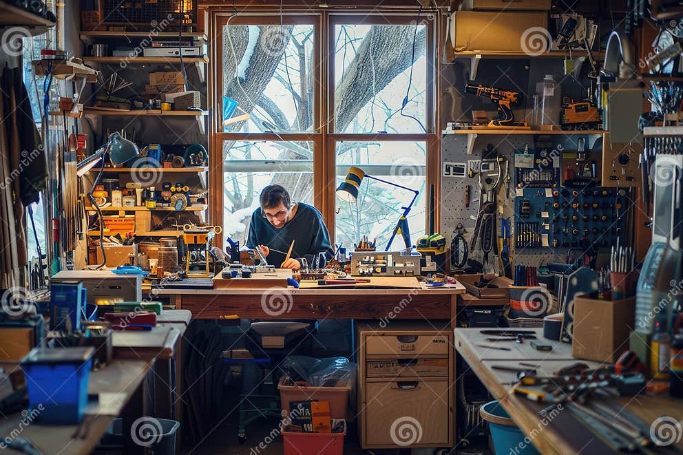 Man Working in a Workshop Surrounded by Tools and Equipment, Overhead ...