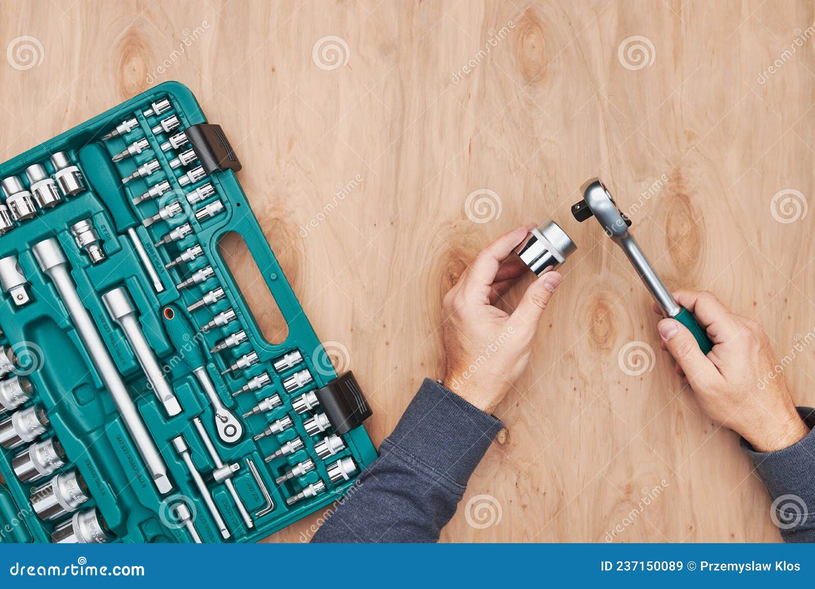 Man Working in Workshop Using Many Tools. Wrench, Spanner, Calliper and ...