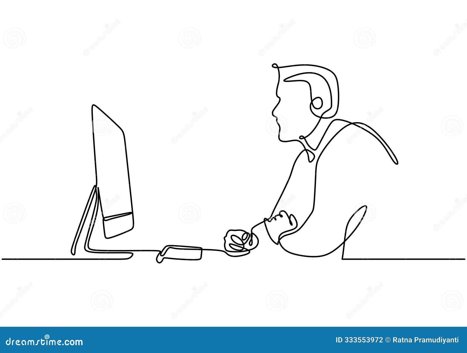 Man Works with Computer Continuous Line Drawing. Business and ...