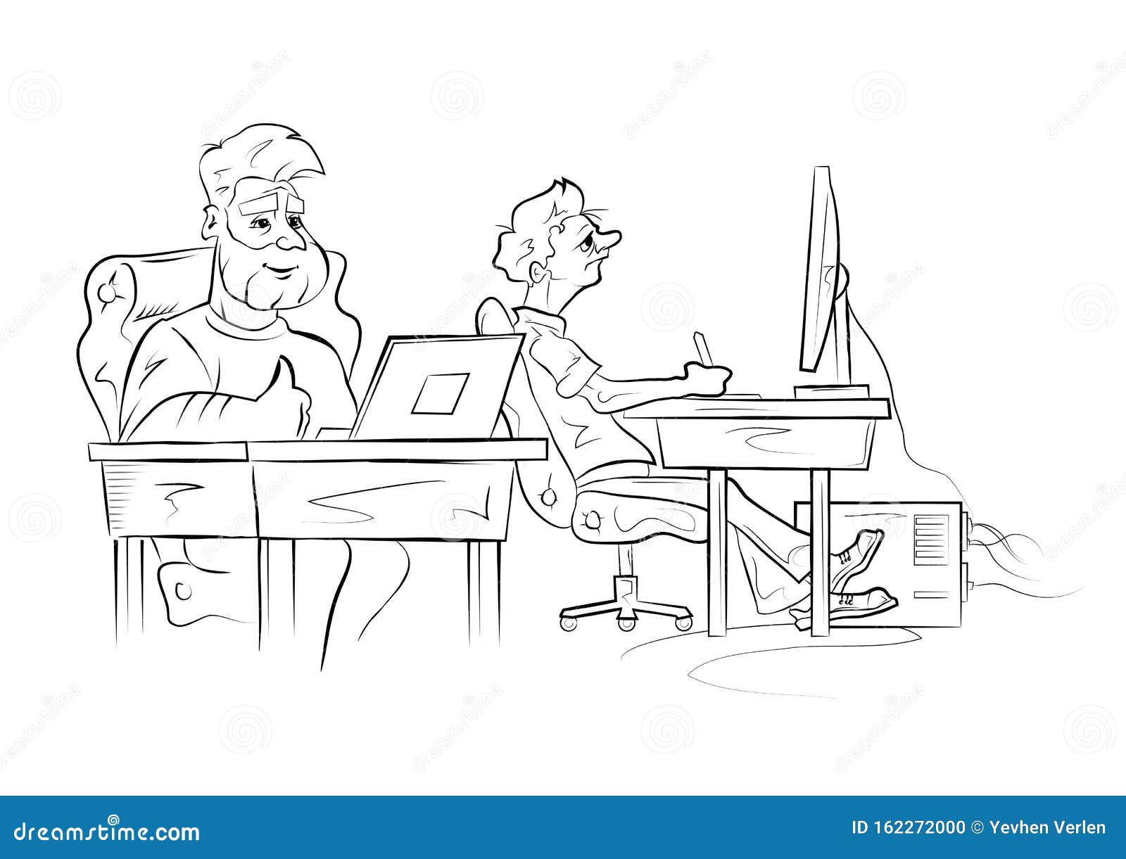 Man Works on the Computer. Hand Drawn Sketch Vector Illustration. Stock ...