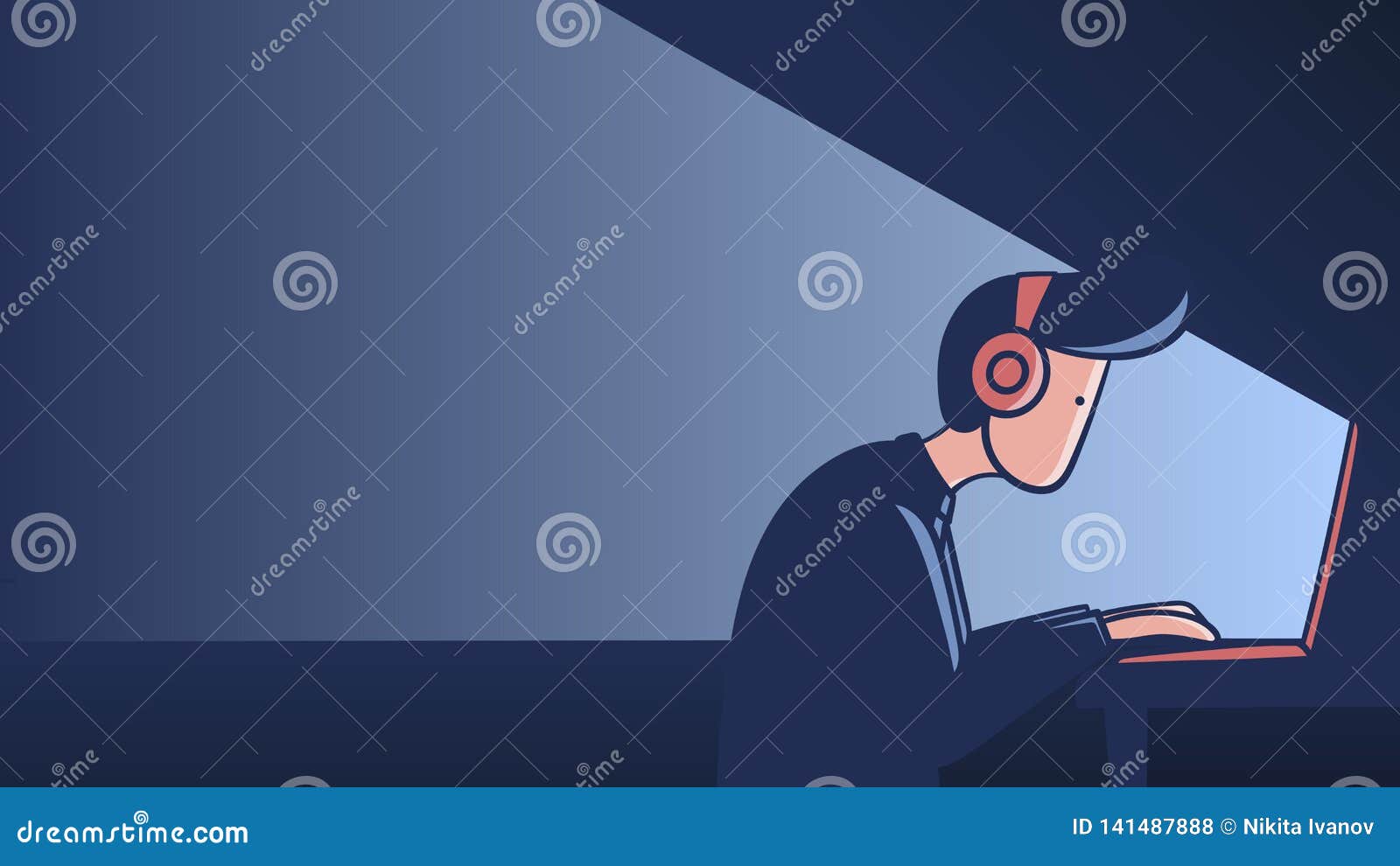 Man Works at the Computer at Night Colored Vector Illustration Stock ...