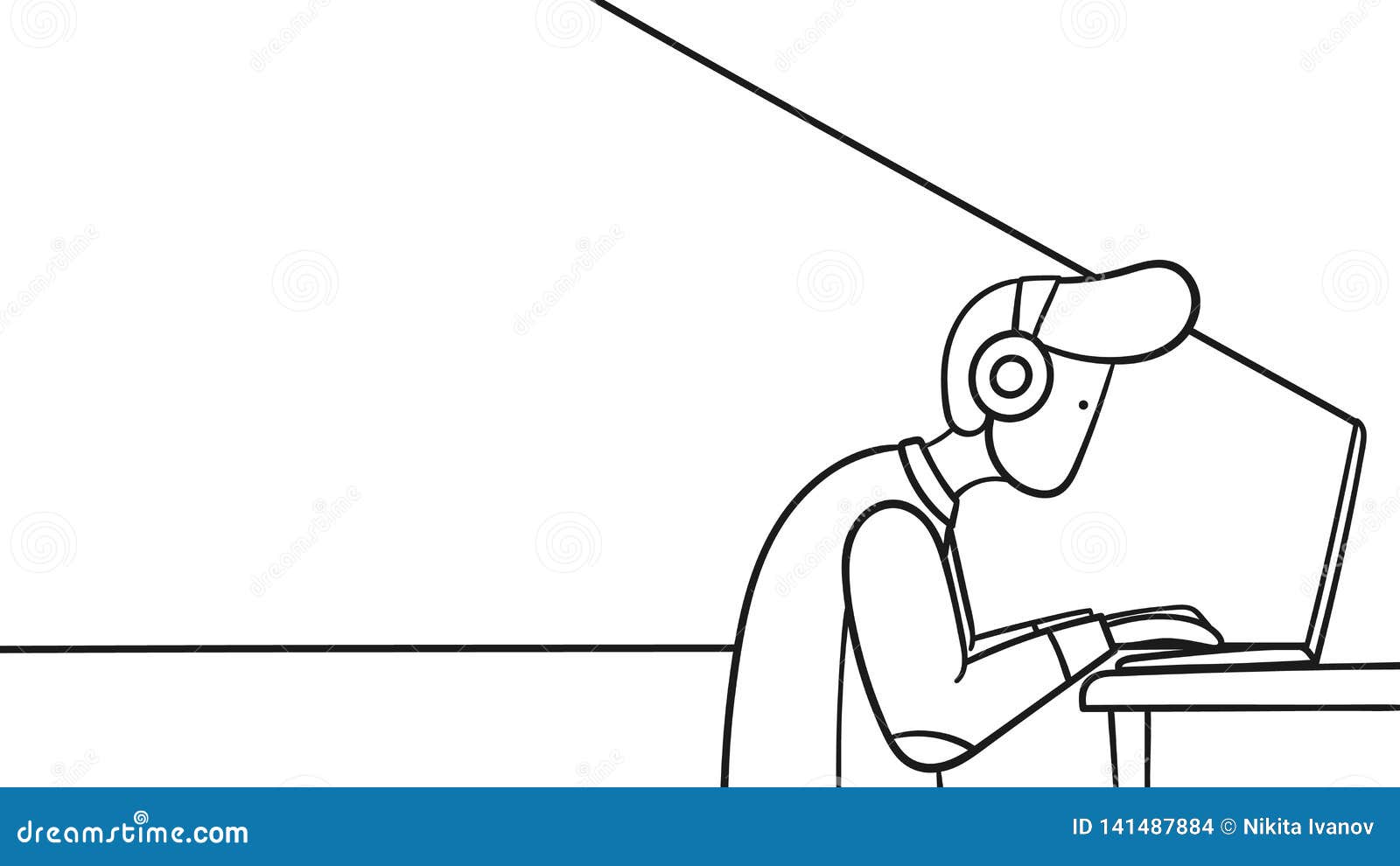 Man Works at the Computer at Night Outlined Vector Illustration Stock ...
