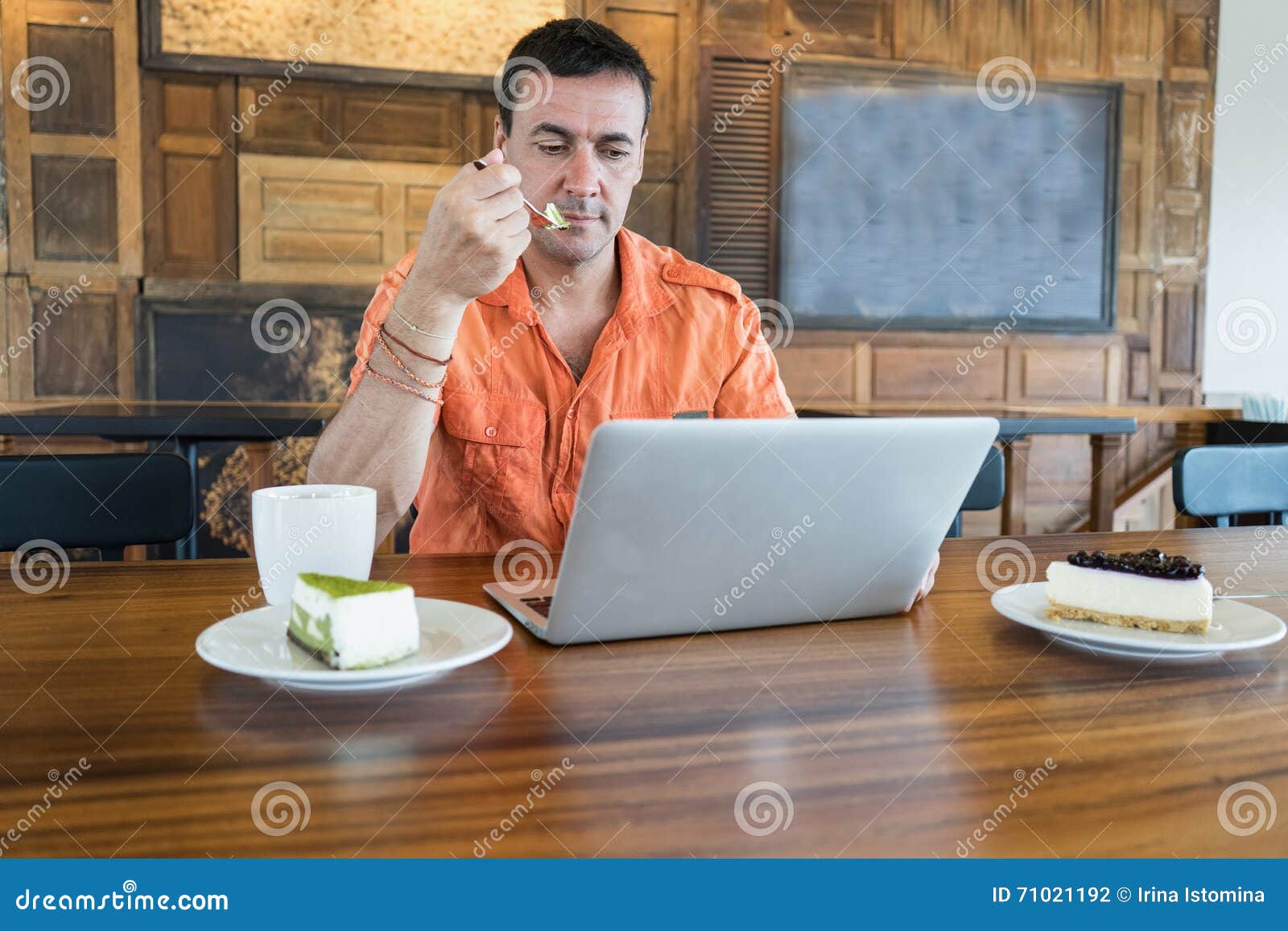 The Man Works in the Computer and Pie, Food in the Computer. Stock ...