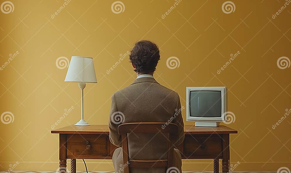 A Man Works on a Computer, Rear View. Stock Image - Image of education ...