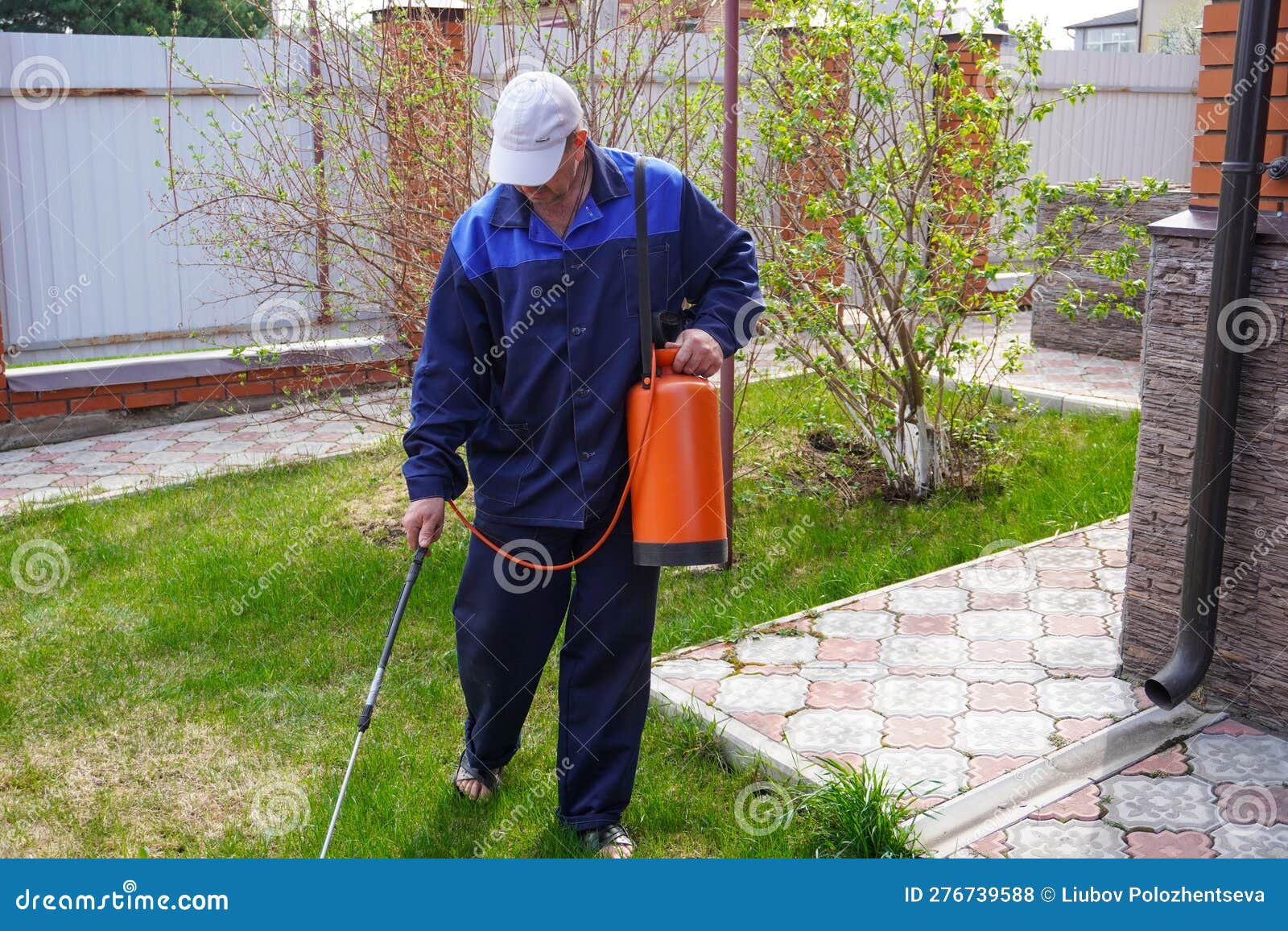 A Man Works in the Garden, Spraying Weeds from a Sprayer Stock Photo ...