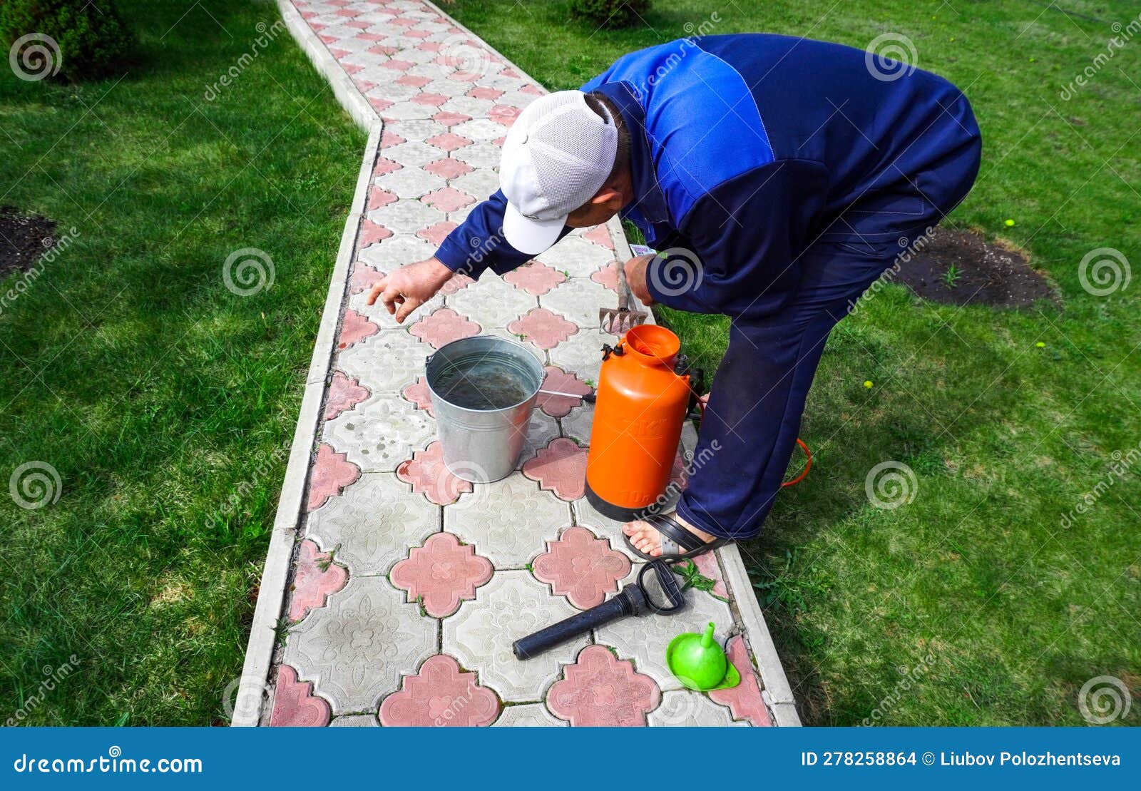 A Man Works in the Garden, Spraying Weeds from a Sprayer Stock Photo ...